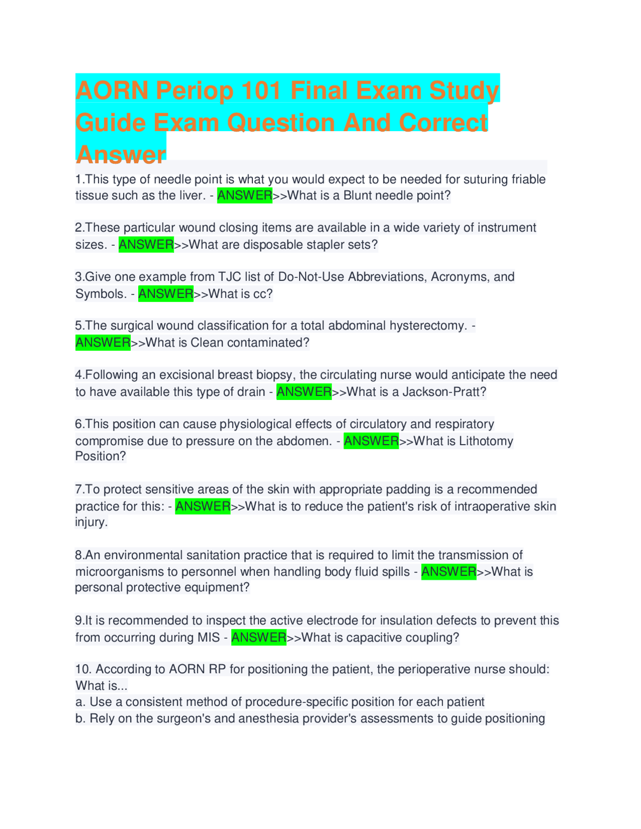 AORN Periop 101 Final Exam Study Guide Exam Question And Correct Answer ...