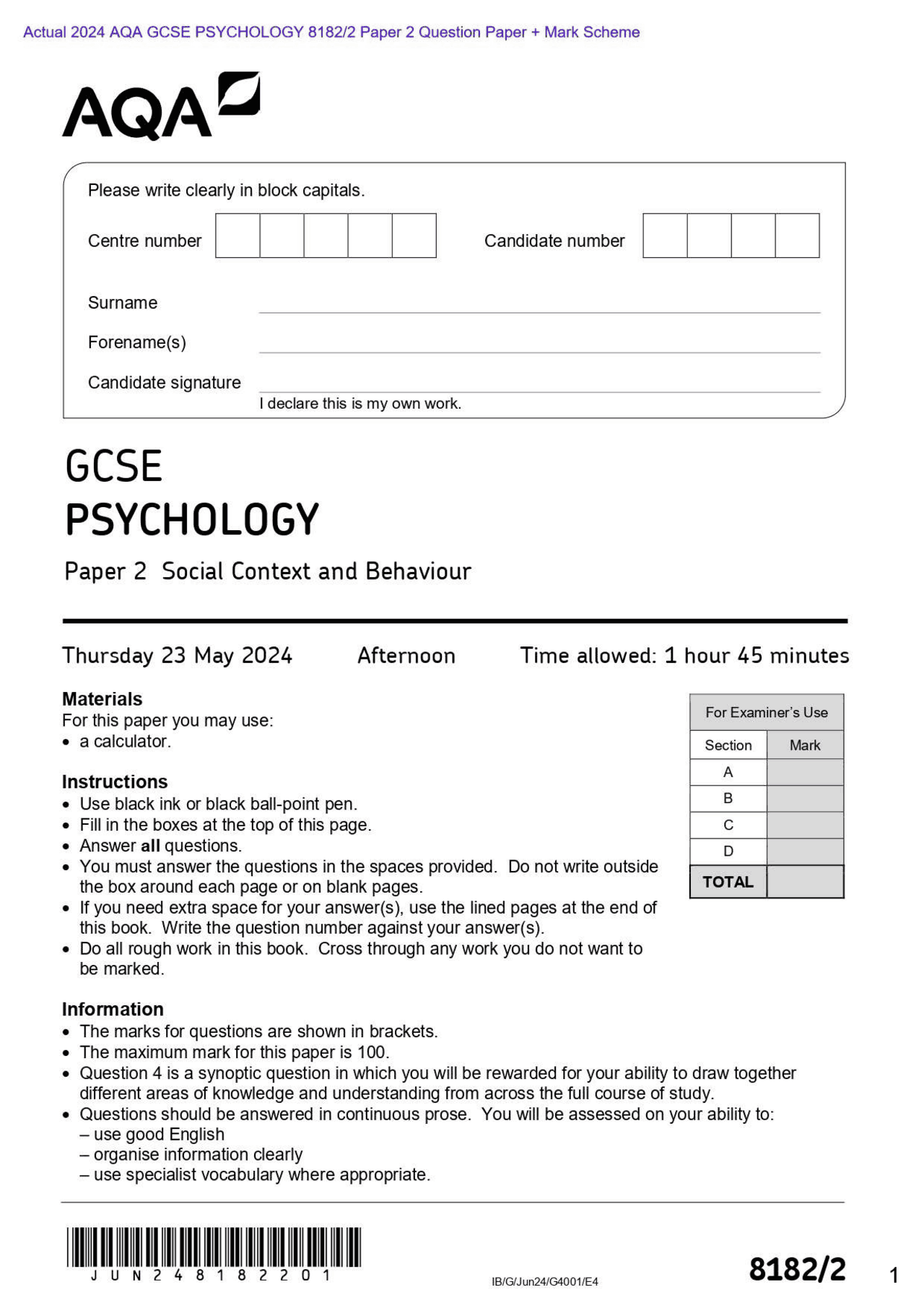 Actual 2024 AQA GCSE PSYCHOLOGY 8182/2 Paper 2 Question Paper + Mark ...