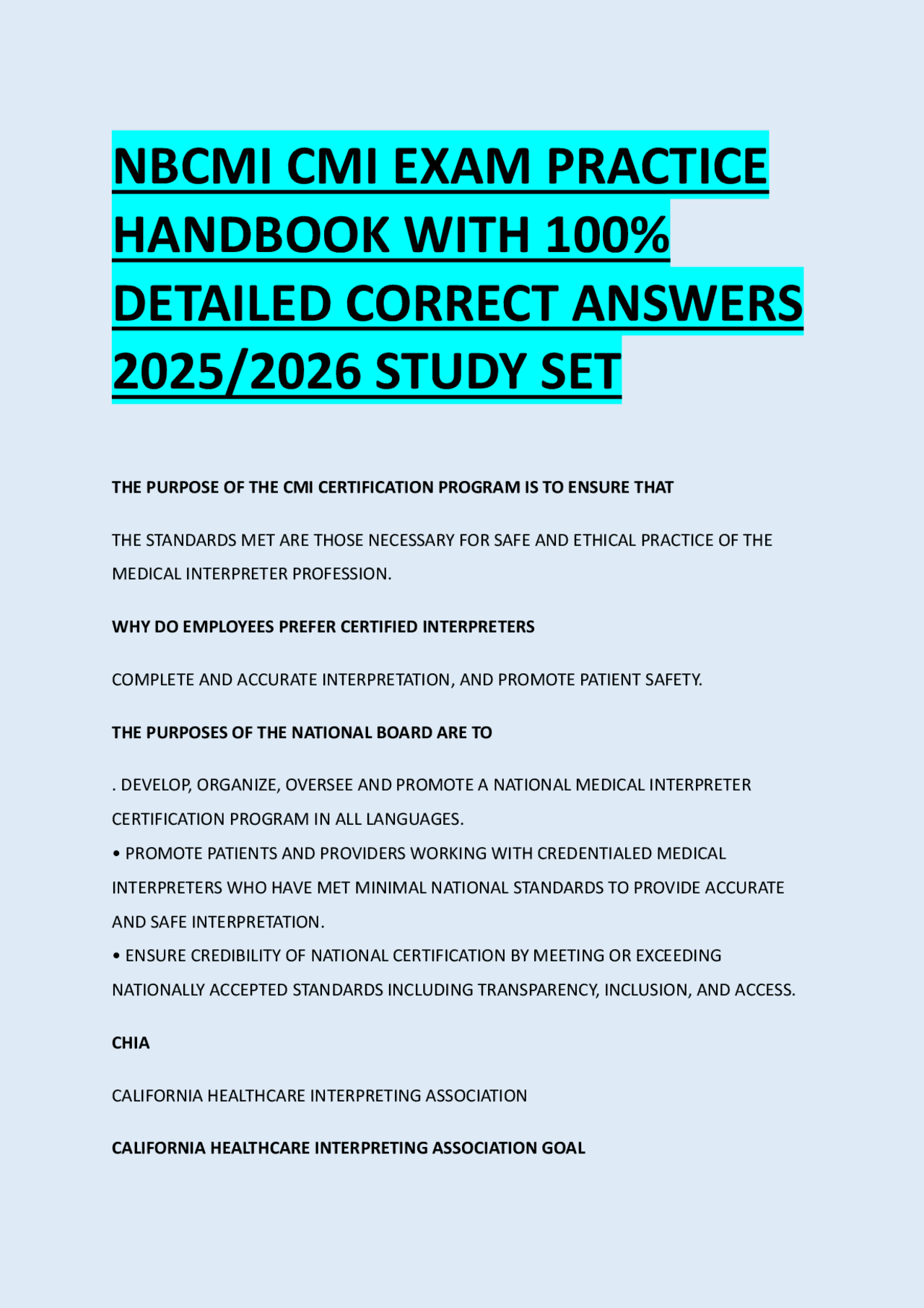 NBCMI CMI EXAM PRACTICE HANDBOOK WITH 100% DETAILED CORRECT ANSWERS ...