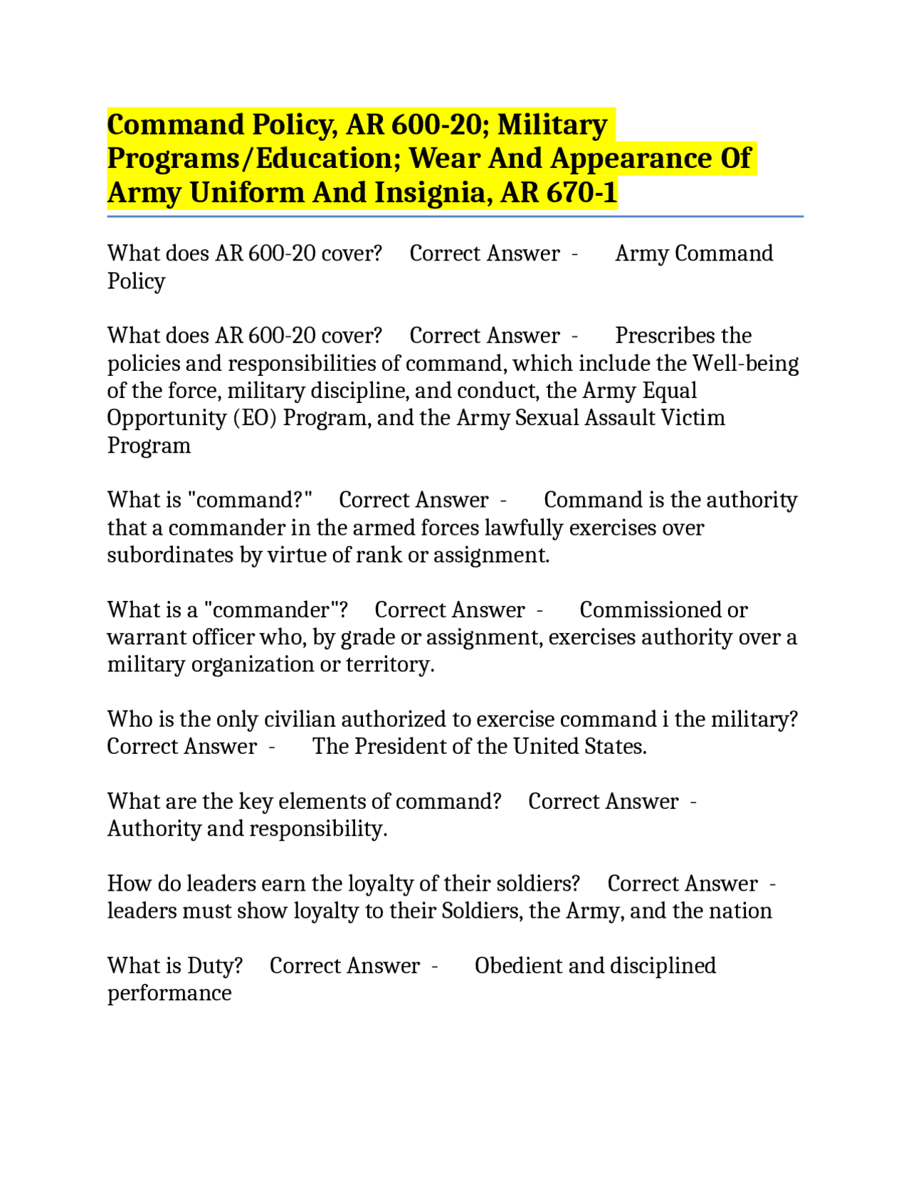 Command Policy, AR 600-20; Military Programs/Education; Wear And ...