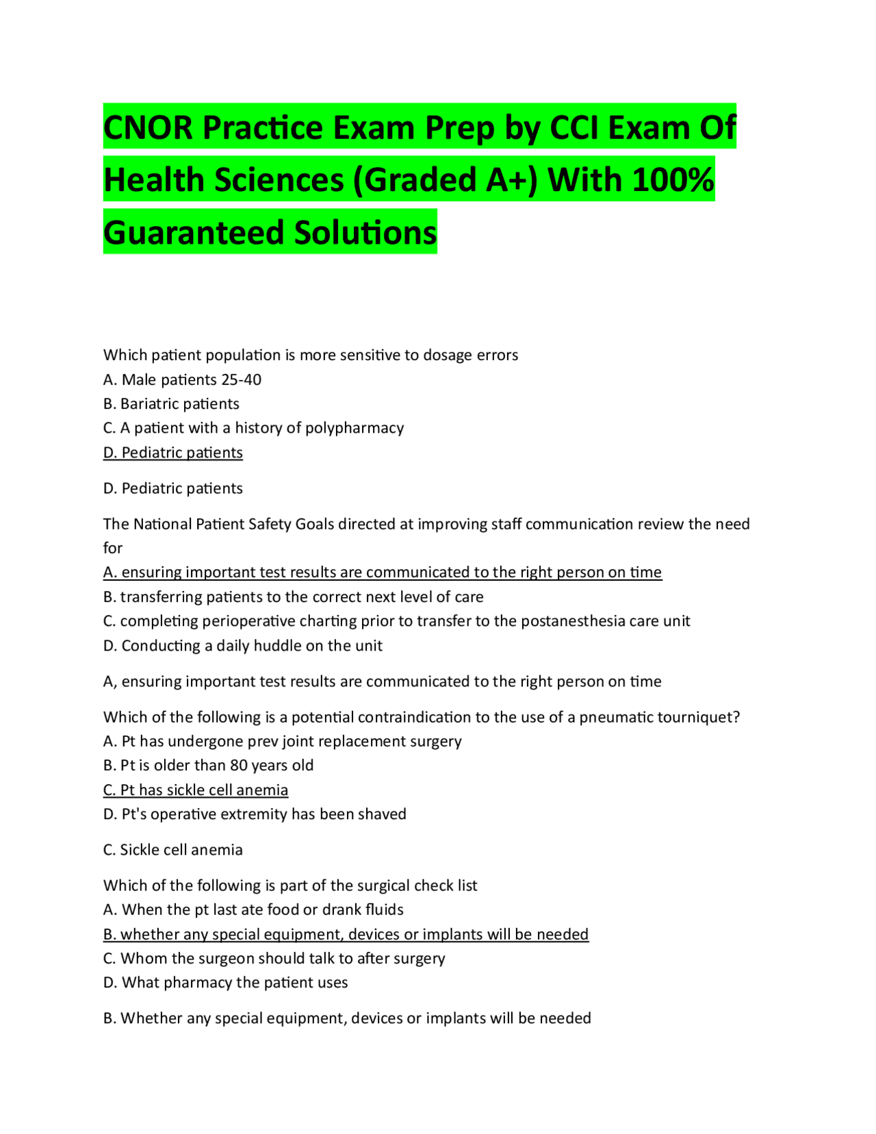 CNOR Practice Exam Prep by CCI Exam Of Health Sciences (Graded A+) With ...