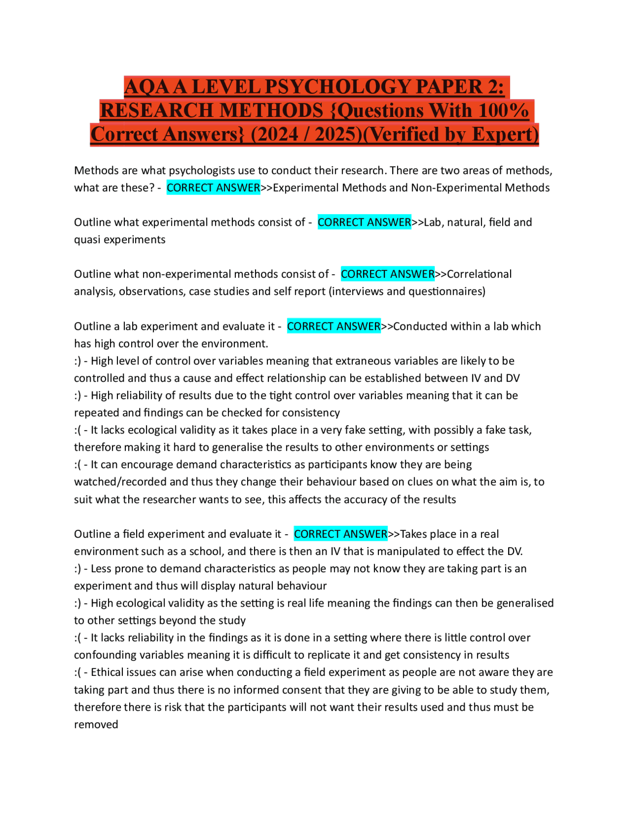 AQA A LEVEL PSYCHOLOGY PAPER 2: RESEARCH METHODS {Questions With 100% ...