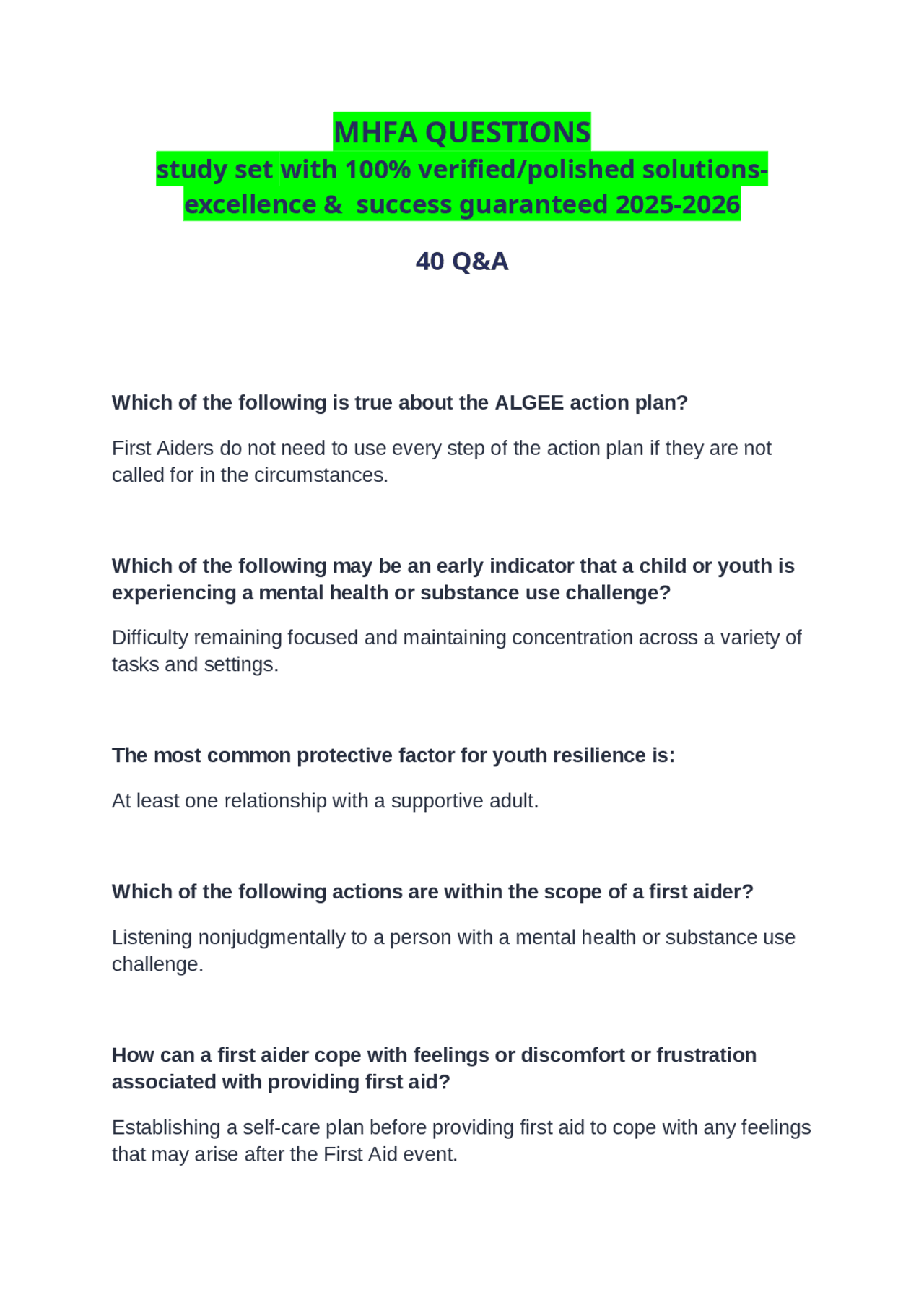 MHFA QUESTIONS study set with 100% verified/polished solutions ...