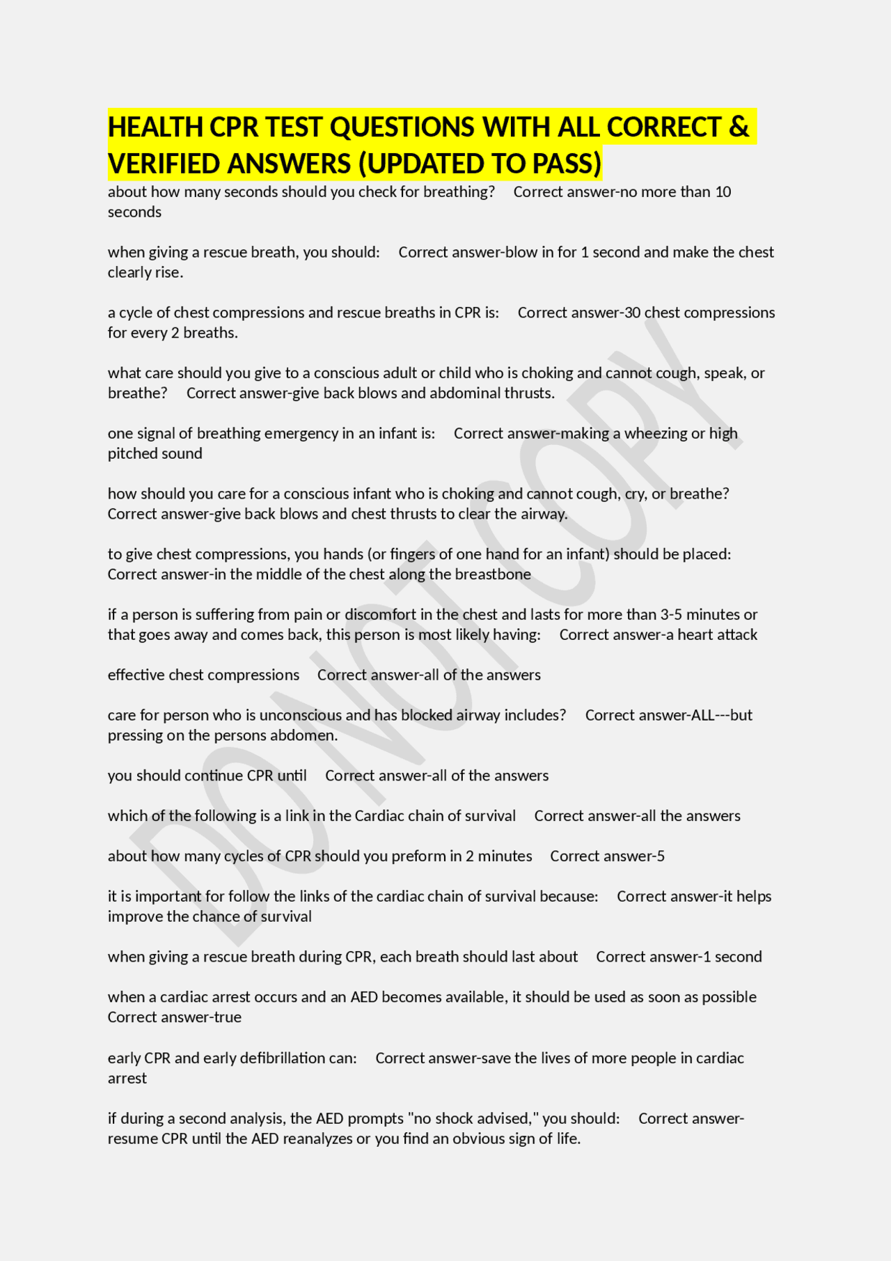 HEALTH CPR TEST QUESTIONS WITH ALL CORRECT & VERIFIED ANSWERS (UPDATED ...