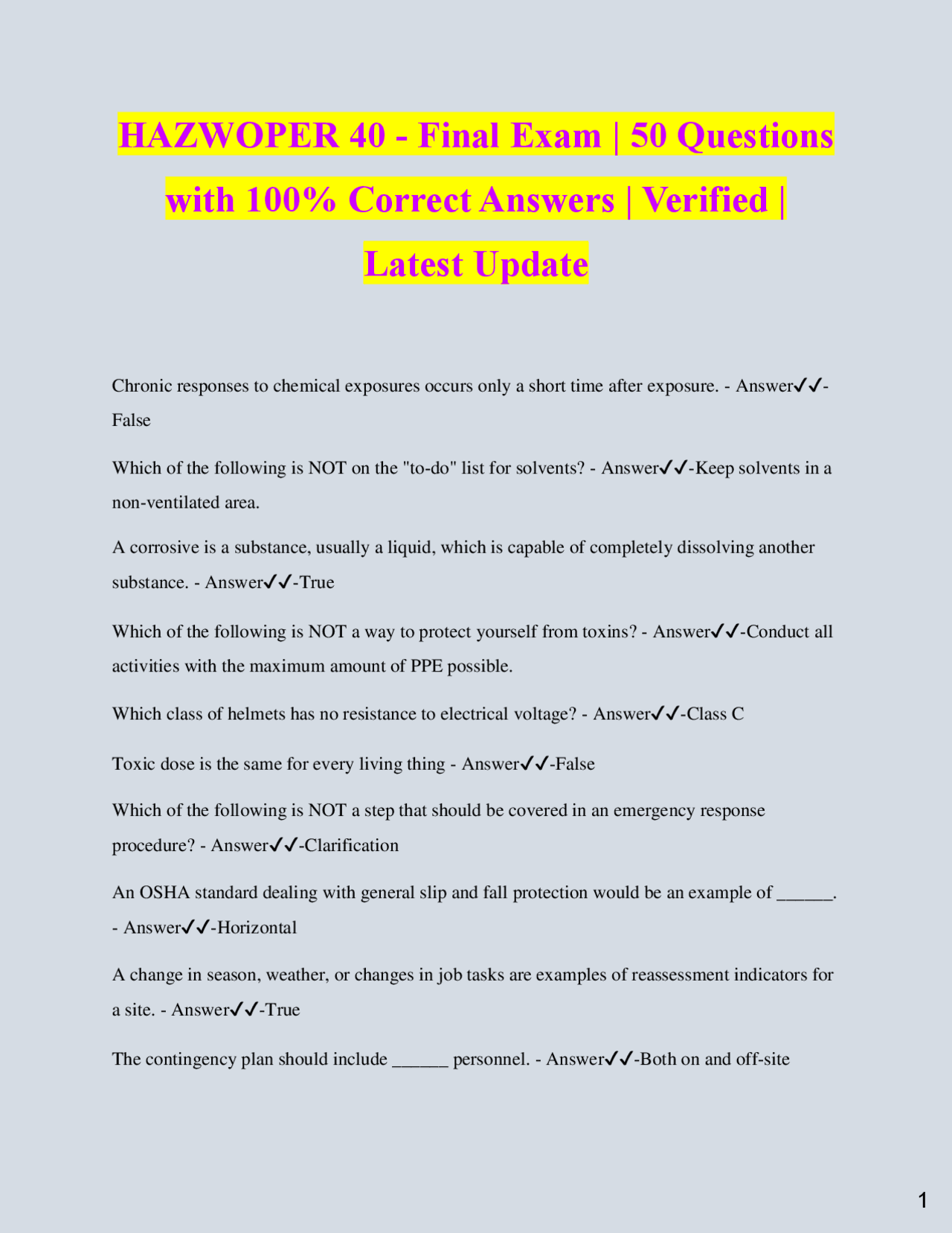 HAZWOPER 40 - Final Exam | 50 Questions with 100% Correct Answers ...