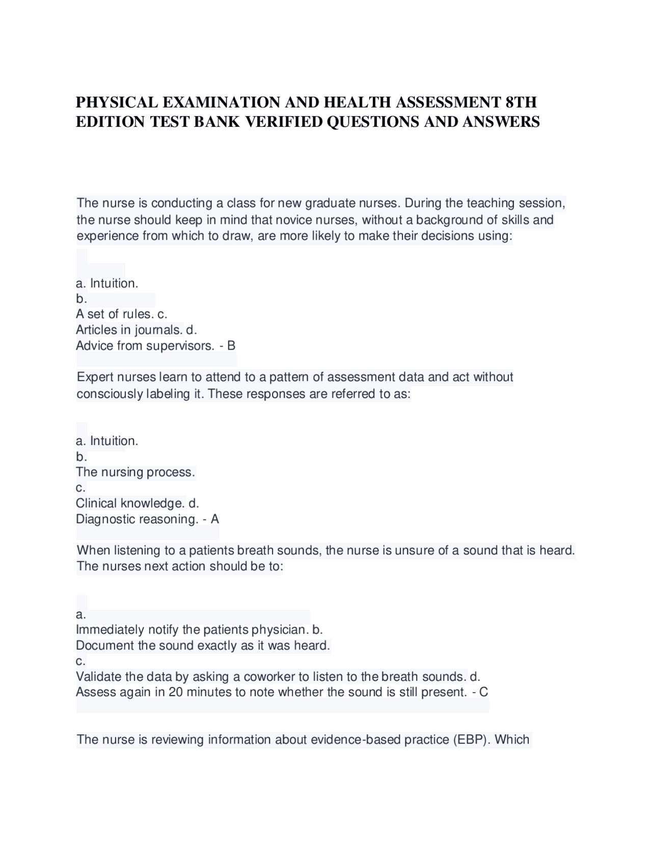 Physical Examination and Health Assessment Test Bank: Verified ...