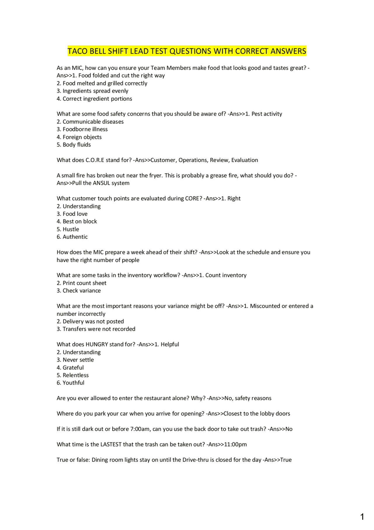 Taco Bell Shift Lead: Test Questions and Answers | Exams Food ...