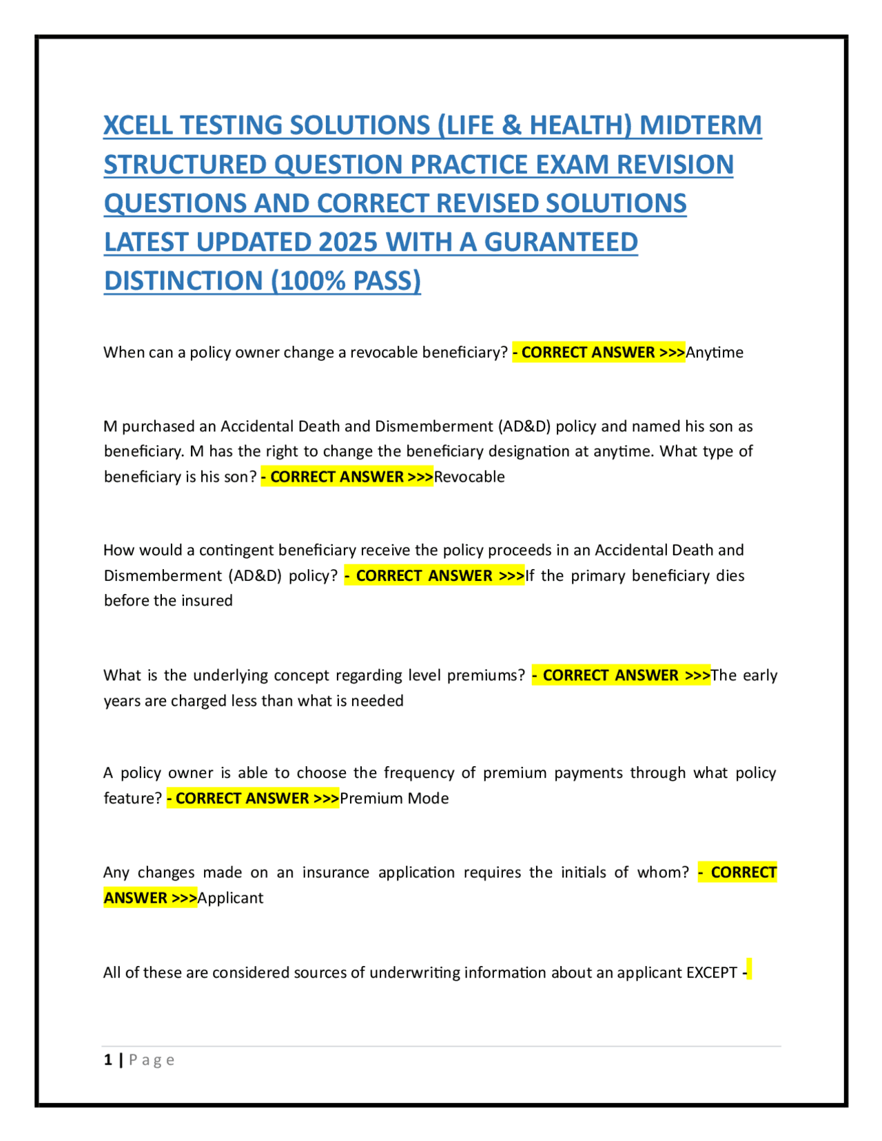 XCELL TESTING SOLUTIONS (LIFE & HEALTH) MIDTERM STRUCTURED QUESTION ...