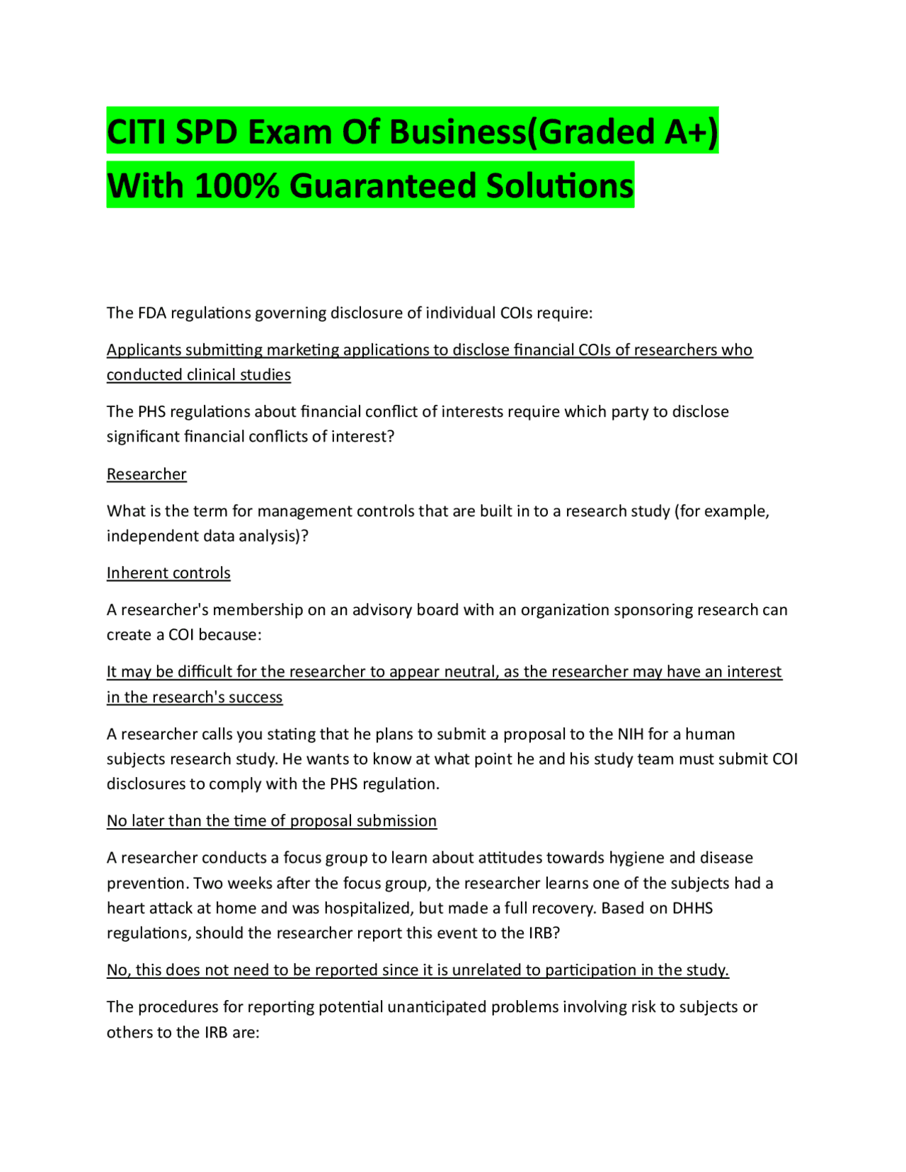 CITI SPD Exam Of Business(Graded A+) With 100% Guaranteed Solutions The ...