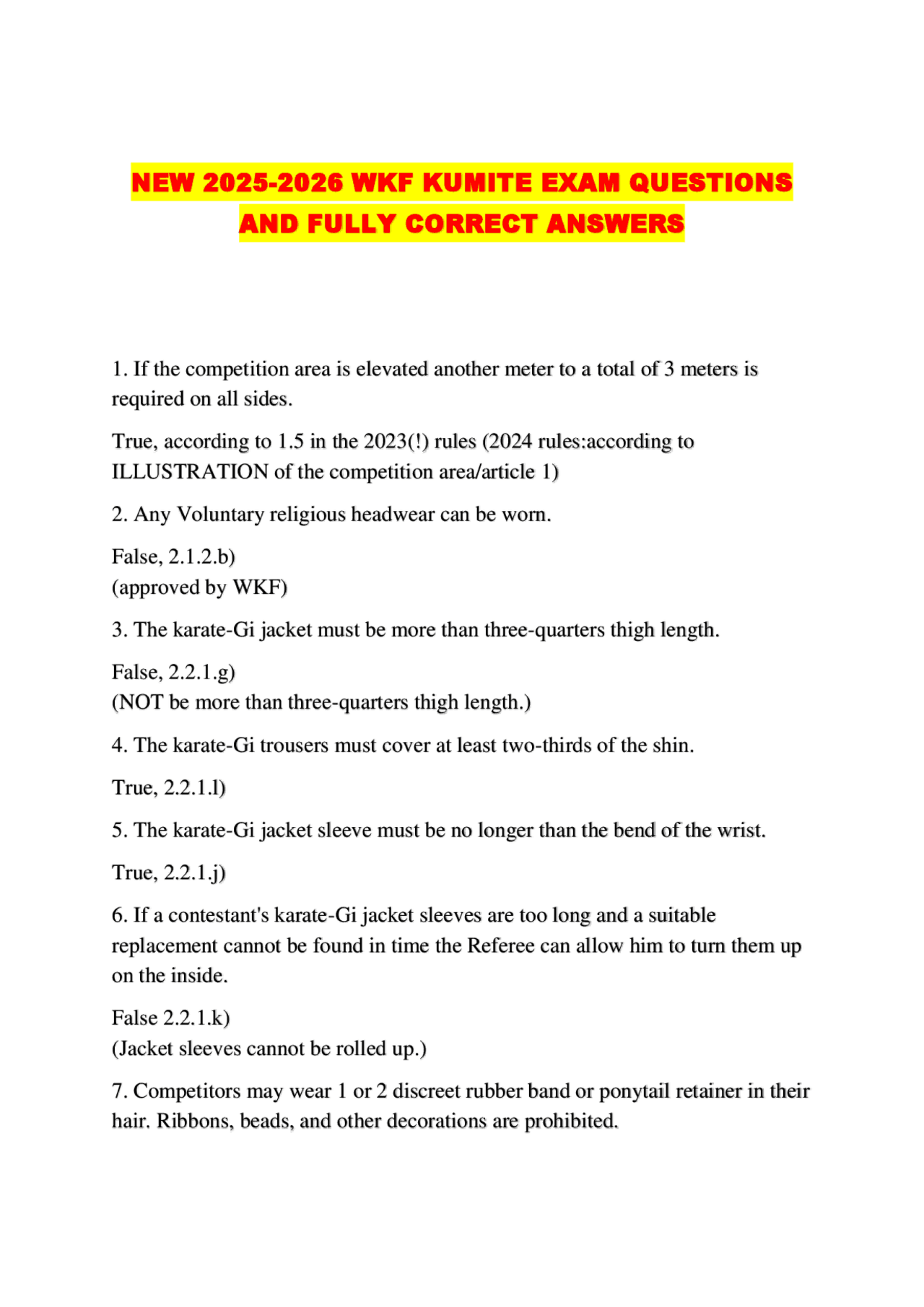NEW 2025-2026 WKF KUMITE EXAM QUESTIONS AND FULLY CORRECT ANSWERS ...