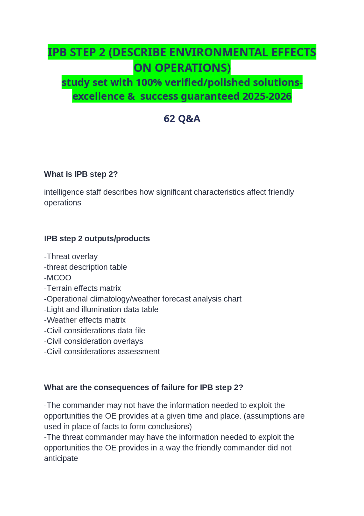 IPB STEP 2 (DESCRIBE ENVIRONMENTAL EFFECTS ON OPERATIONS) study set ...