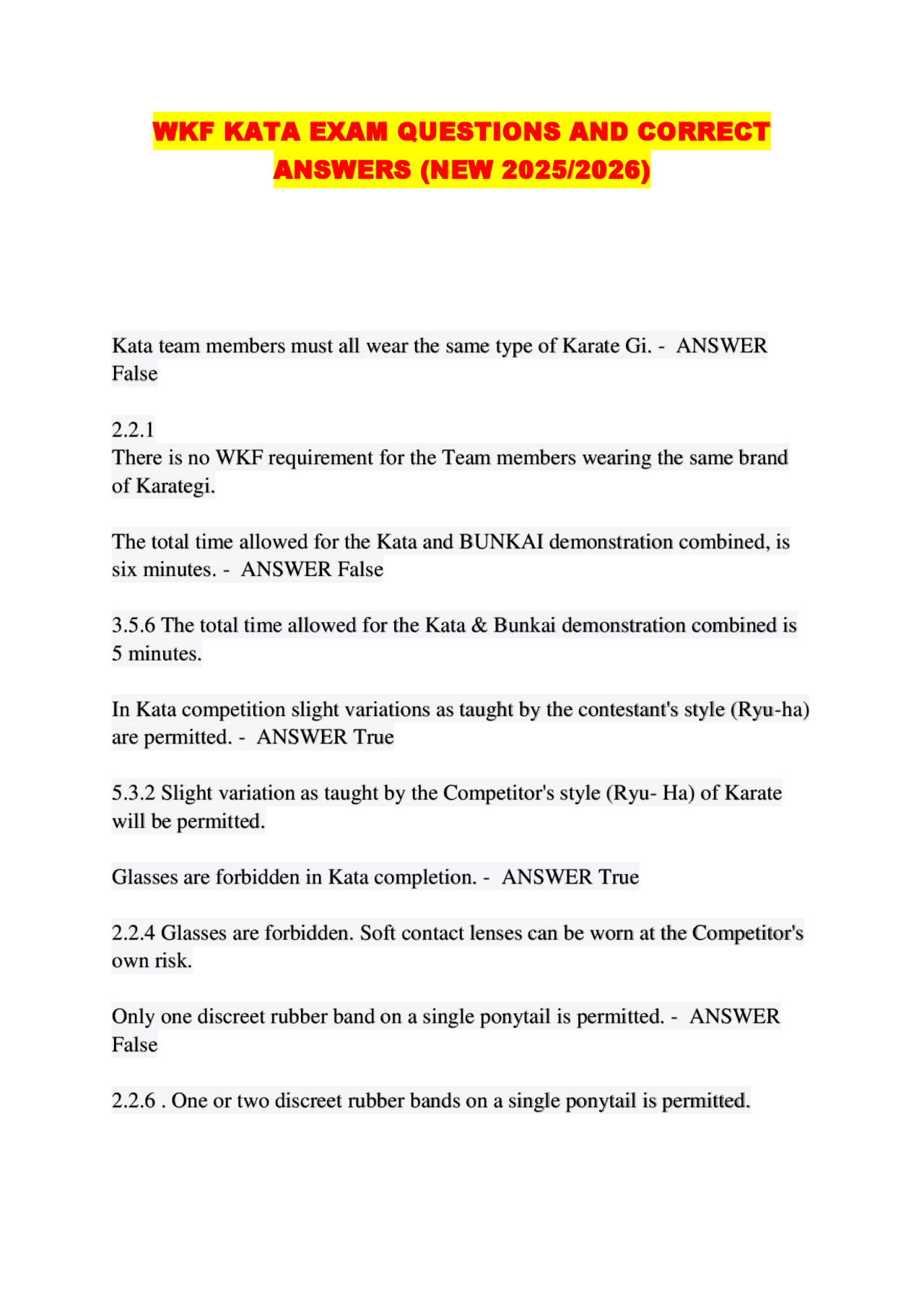 WKF KATA EXAM QUESTIONS AND CORRECT ANSWERS (NEW 2025-2026) | Exams ...