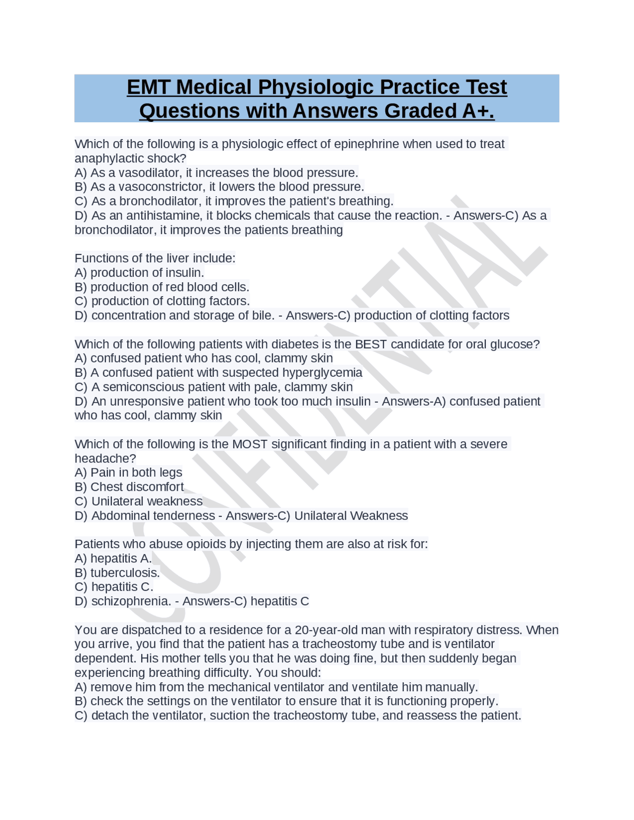 EMT Medical Physiologic Practice Test Questions with Answers Graded A+ ...