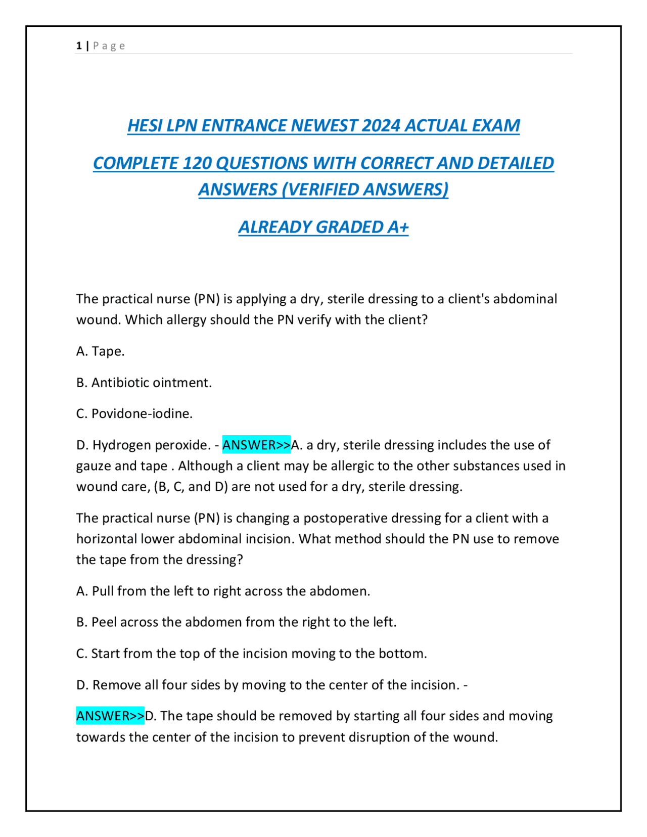 HESI LPN ENTRANCE NEWEST 2024 ACTUAL EXAM COMPLETE 120 QUESTIONS WITH ...