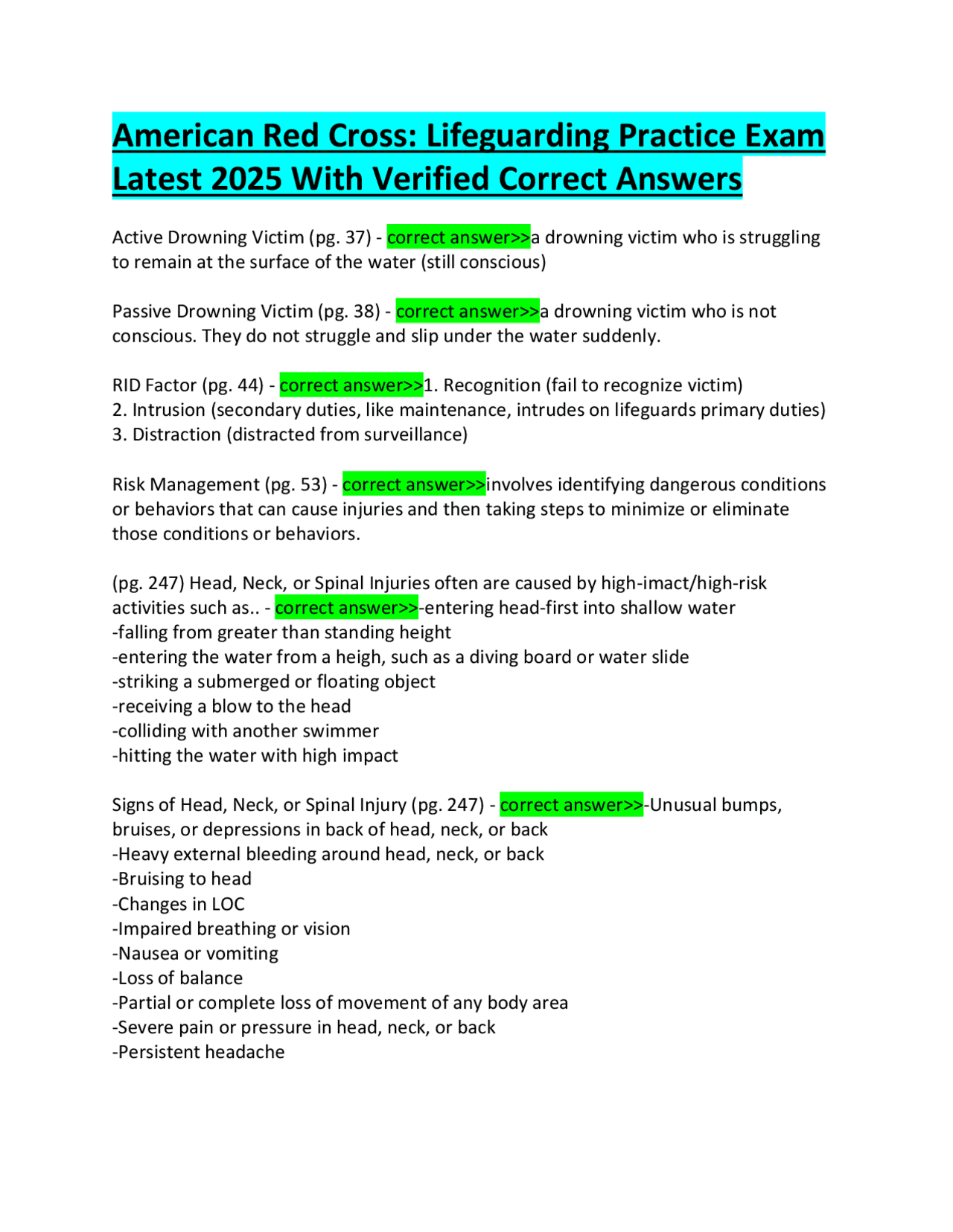 American Red Cross: Lifeguarding Practice Exam Latest 2025 With ...