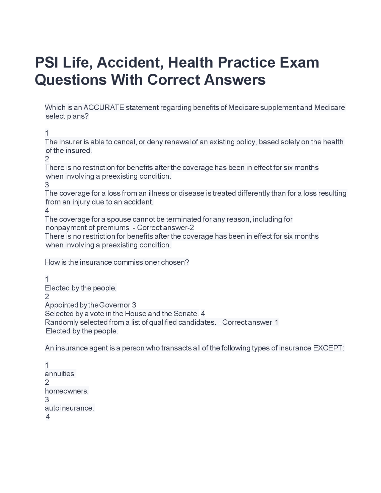 PSI Life, Accident, Health Practice Exam Questions With Correct Answers ...