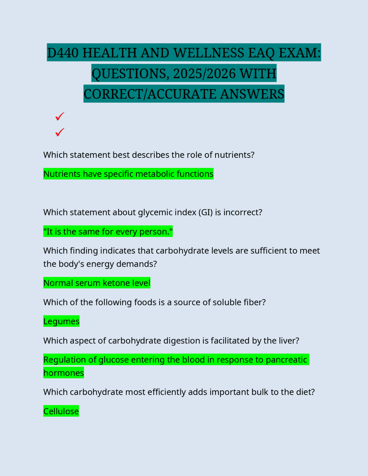 D440 HEALTH AND WELLNESS EAQ EXAM: QUESTIONS, 2025/2026 WITH CORRECT ...