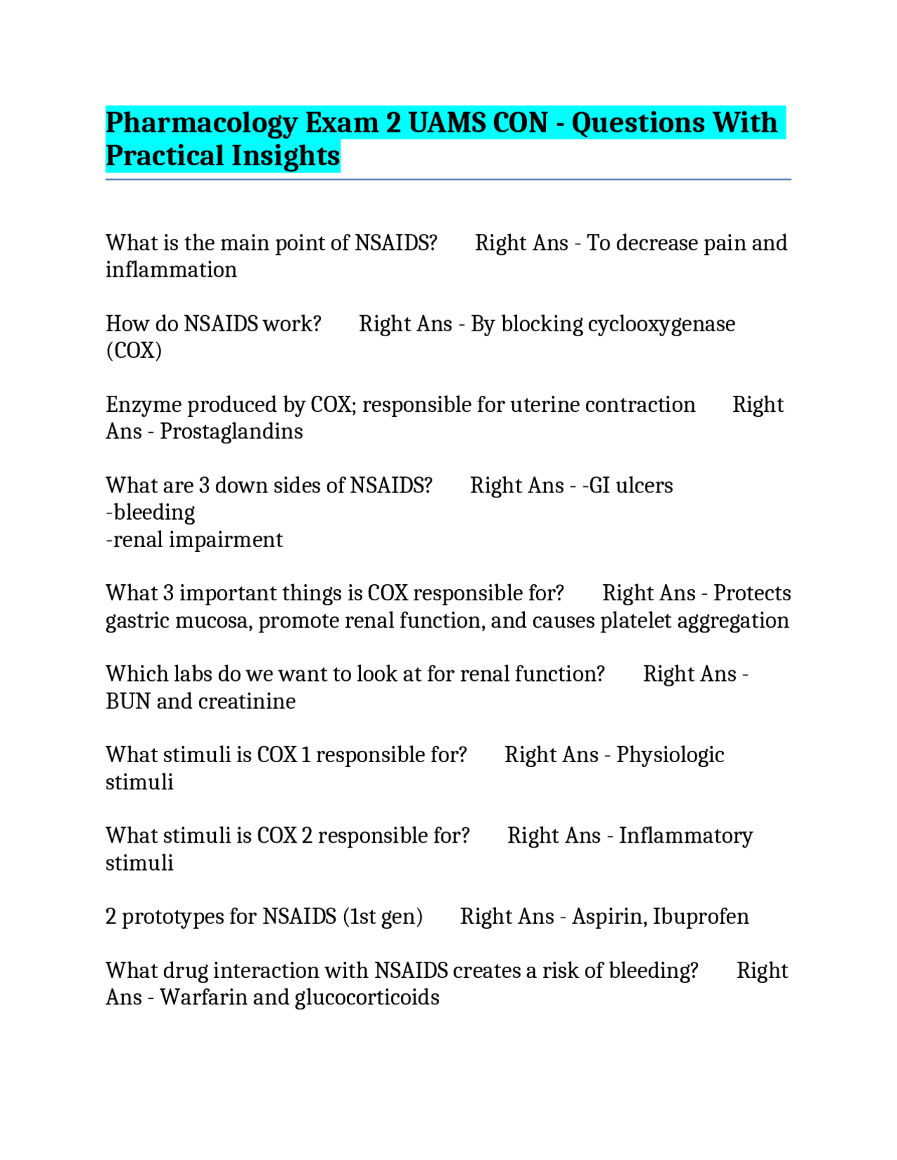 Pharmacology Exam 2 UAMS CON - Questions With Practical Insights ...