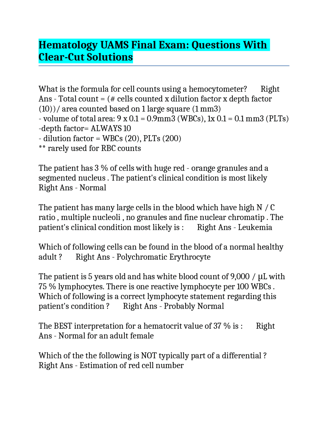 Hematology UAMS Final Exam: Questions With Clear-Cut Solutions | Exams ...