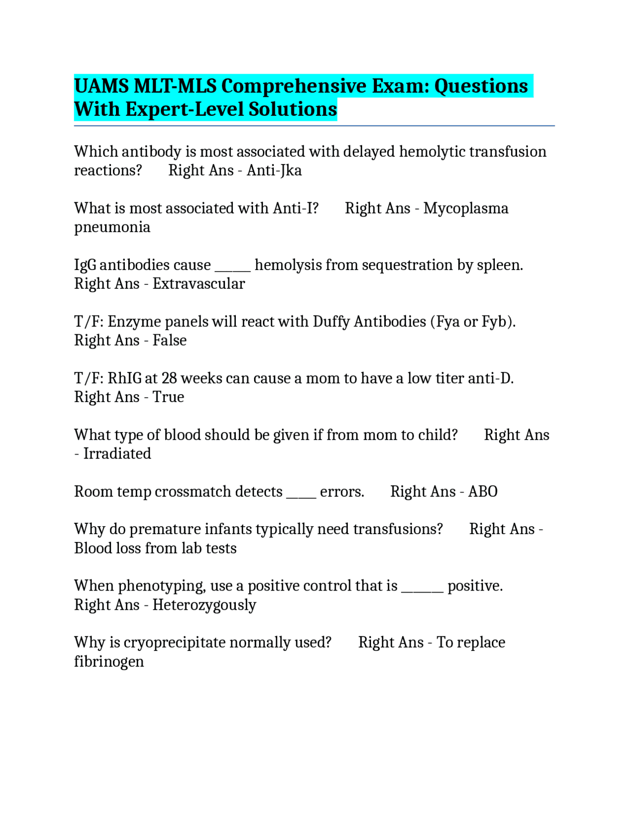 UAMS MLT-MLS Comprehensive Exam: Questions With Expert-Level Solutions ...