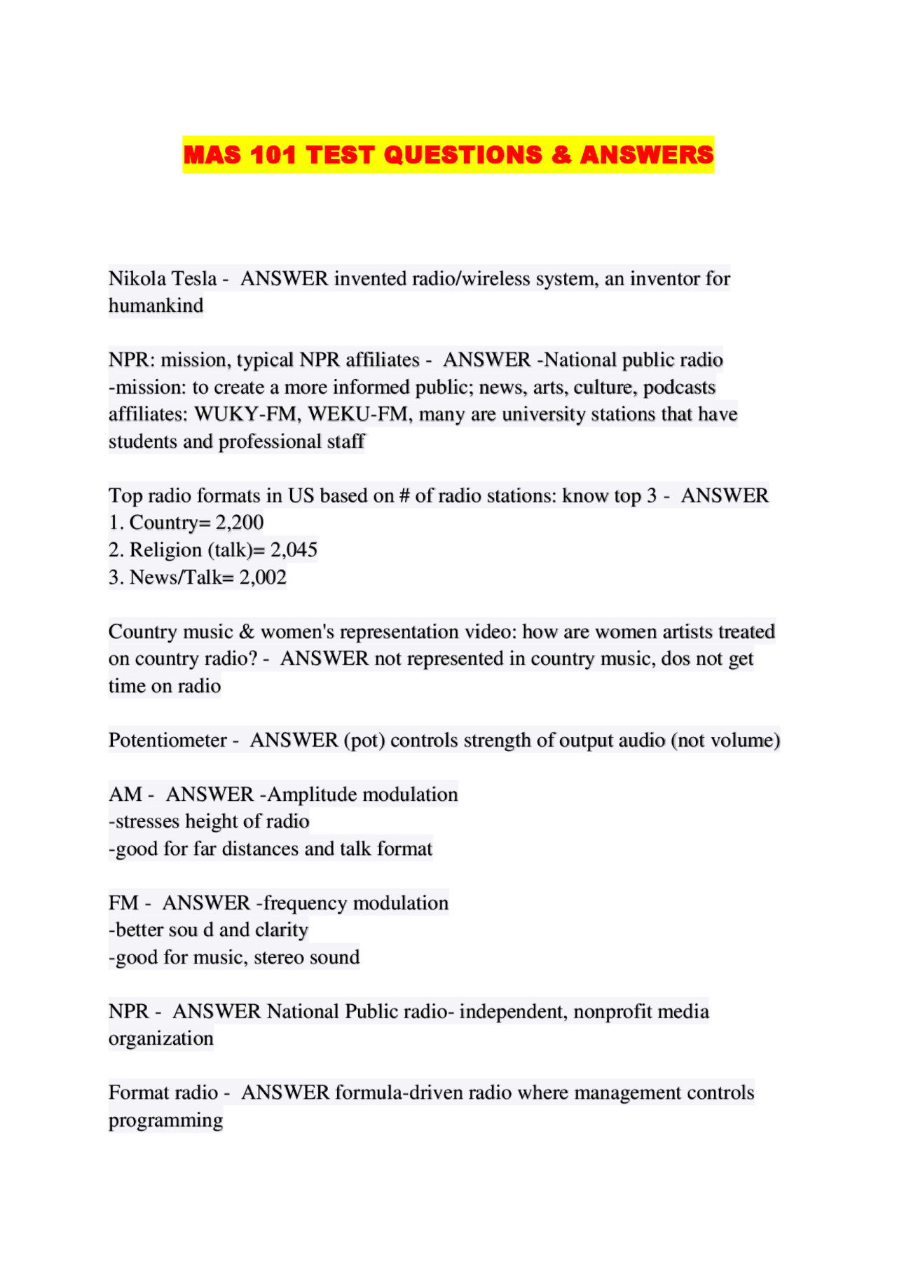 MAS 101 TEST QUESTIONS & ANSWERS | Exams Advanced Education | Docsity