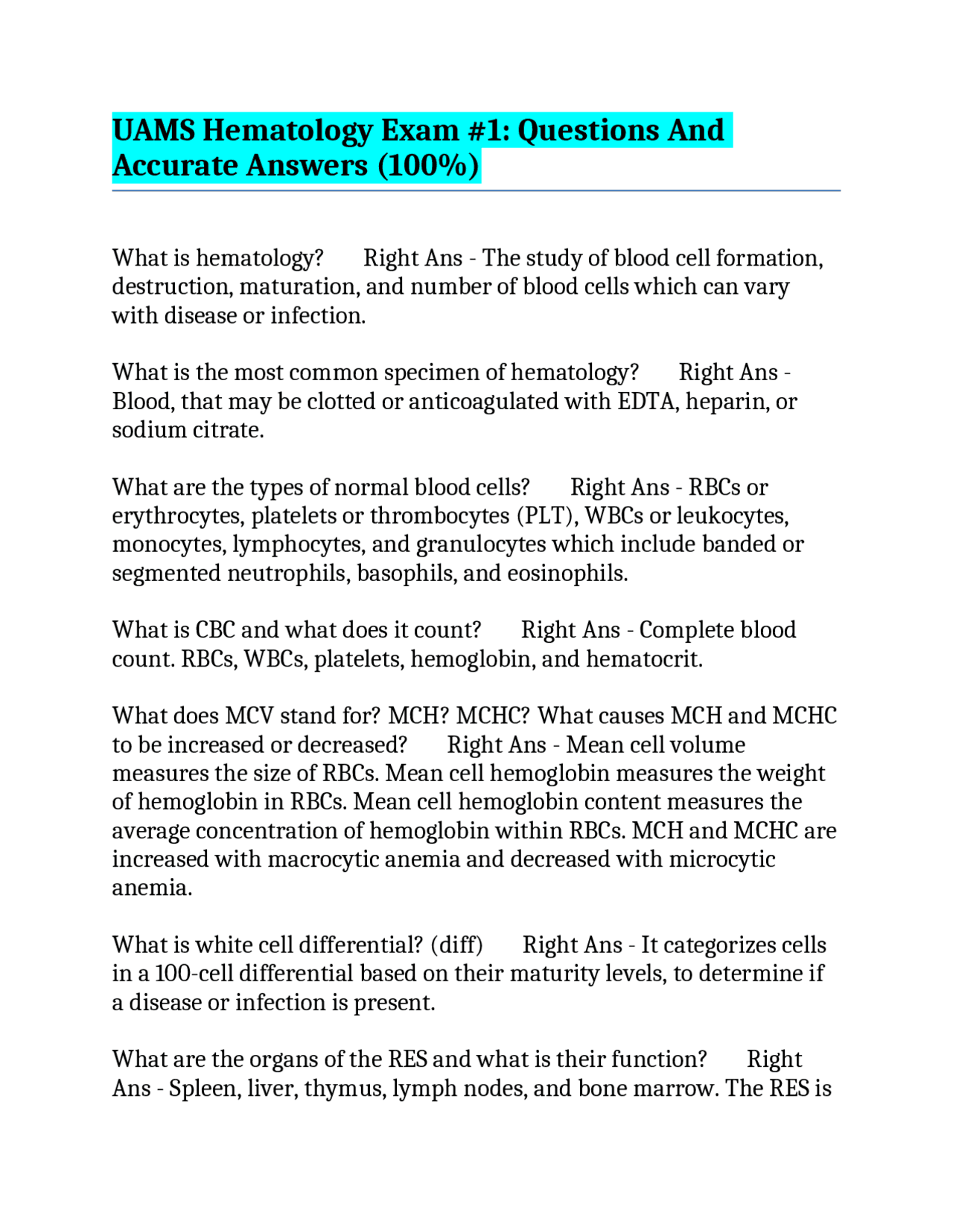 UAMS Hematology Exam #1: Questions And Accurate Answers (100%) | Exams ...