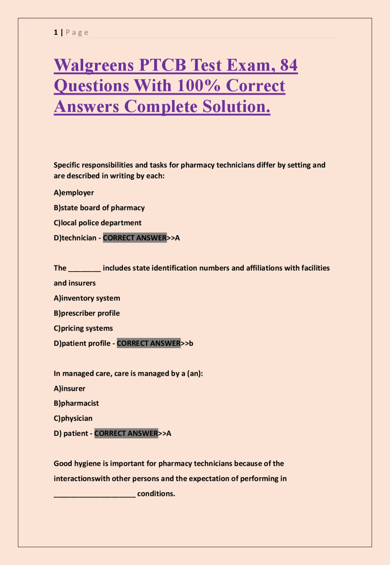 Walgreens PTCB Test Exam, 84 Questions With 100% Correct Answers ...