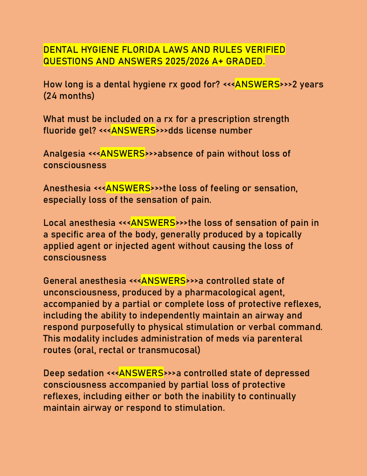 DENTAL HYGIENE FLORIDA LAWS AND RULES VERIFIED QUESTIONS AND ANSWERS ...