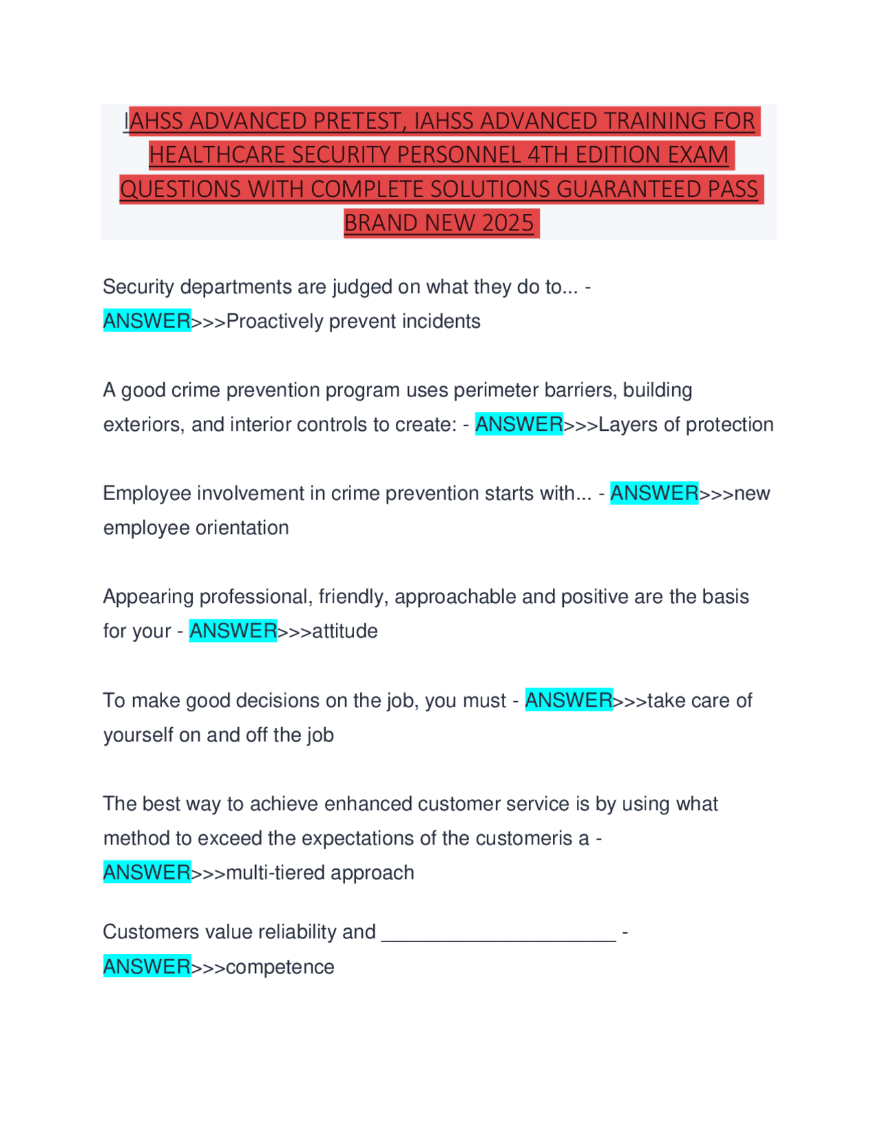 IAHSS ADVANCED PRETEST, IAHSS ADVANCED TRAINING FOR HEALTHCARE SECURITY ...