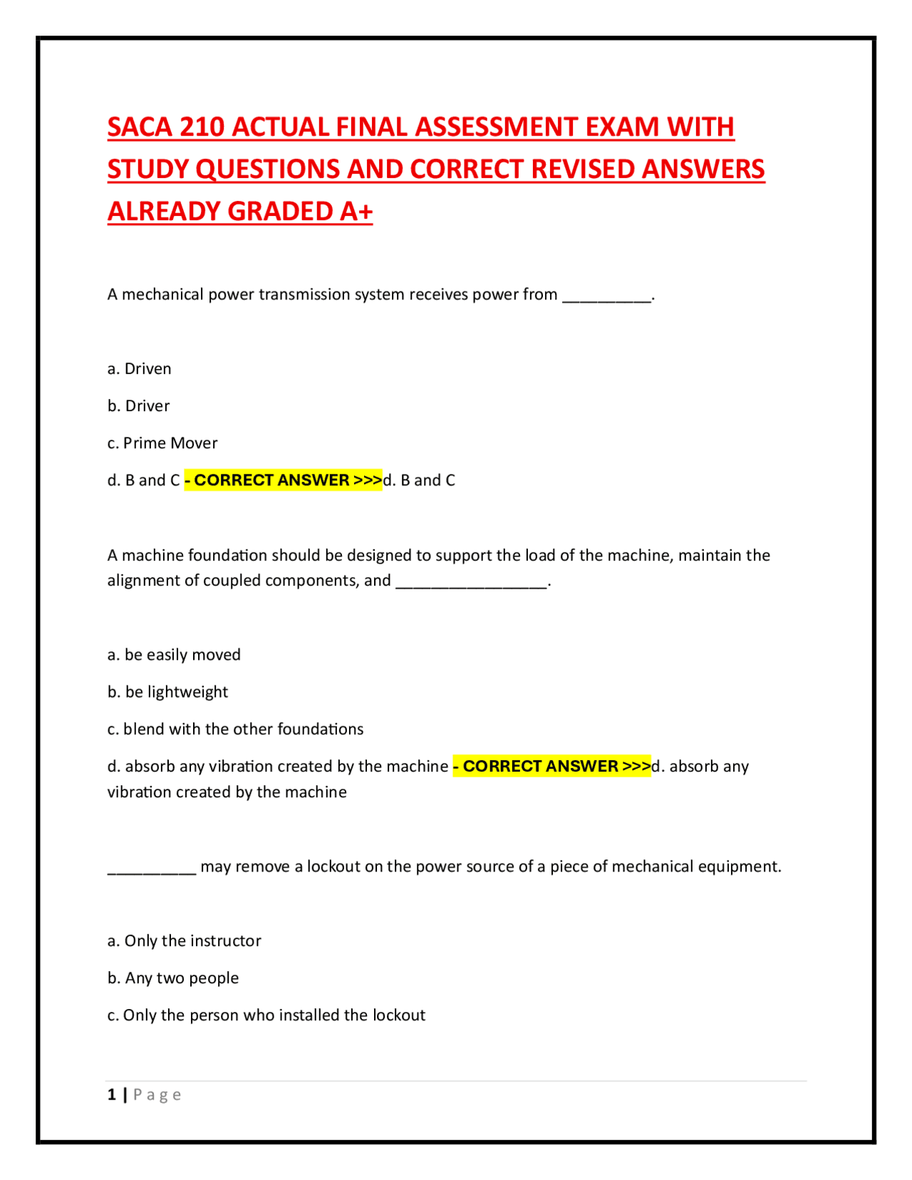 SACA 210 ACTUAL FINAL ASSESSMENT EXAM WITH STUDY QUESTIONS AND CORRECT ...