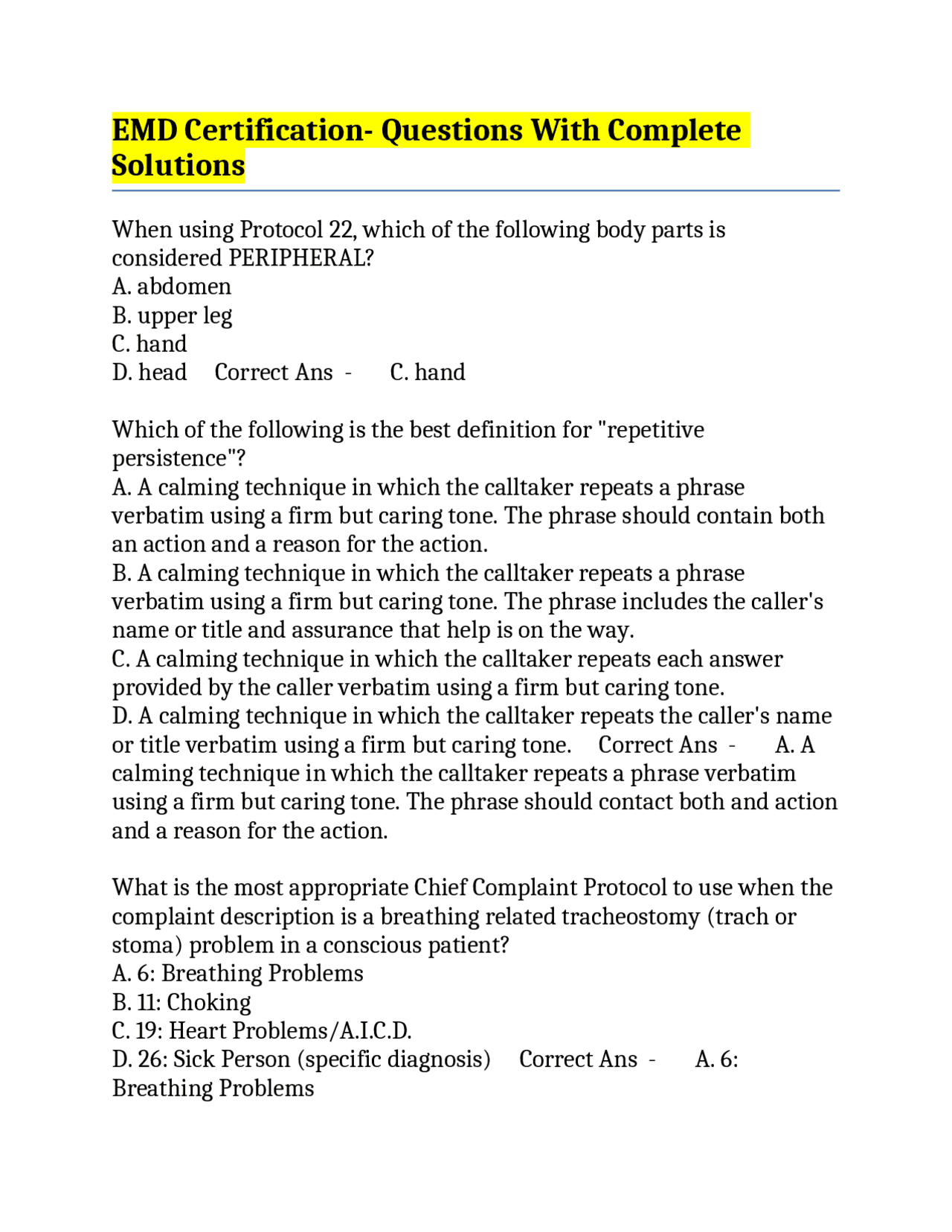 EMD Certification- Questions With Complete Solutions | Exams Nursing ...