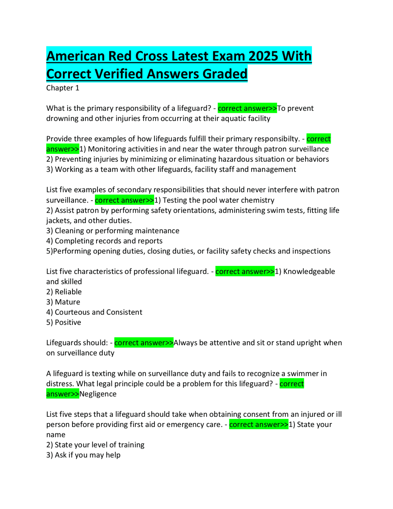 American Red Cross Latest Exam 2025 With Correct Verified Answers ...
