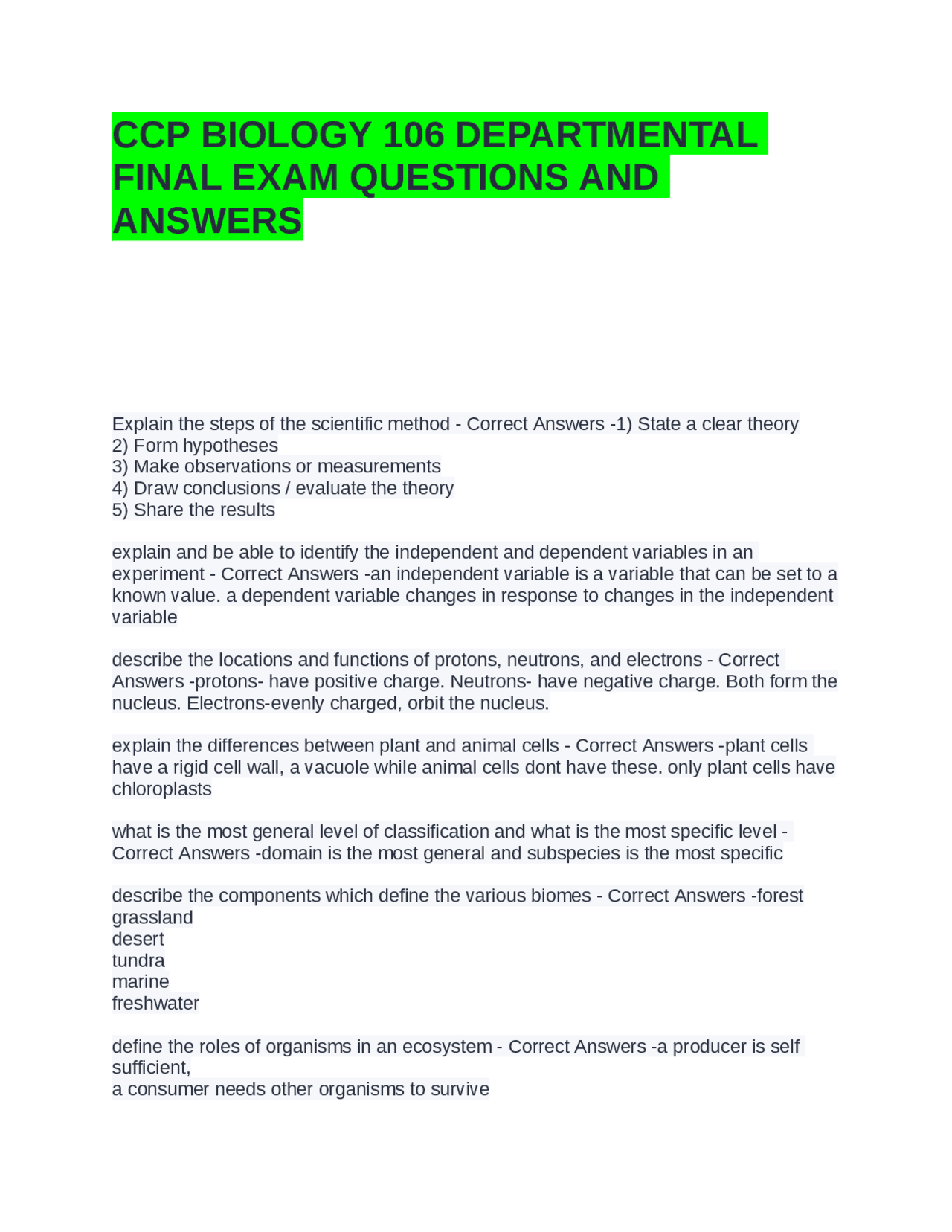 CCP BIOLOGY 106 DEPARTMENTAL FINAL EXAM QUESTIONS AND ANSWERS 2025-2026 ...