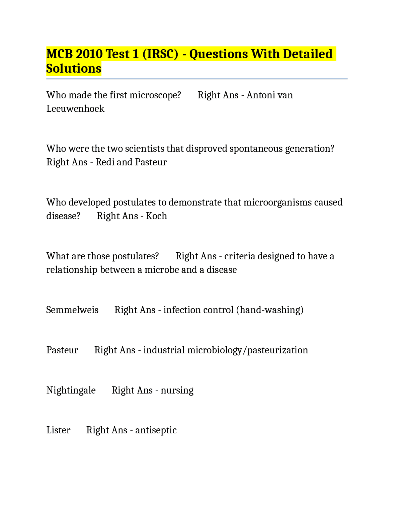 MCB 2010 Test 1 (IRSC) - Questions With Detailed Solutions | Exams ...