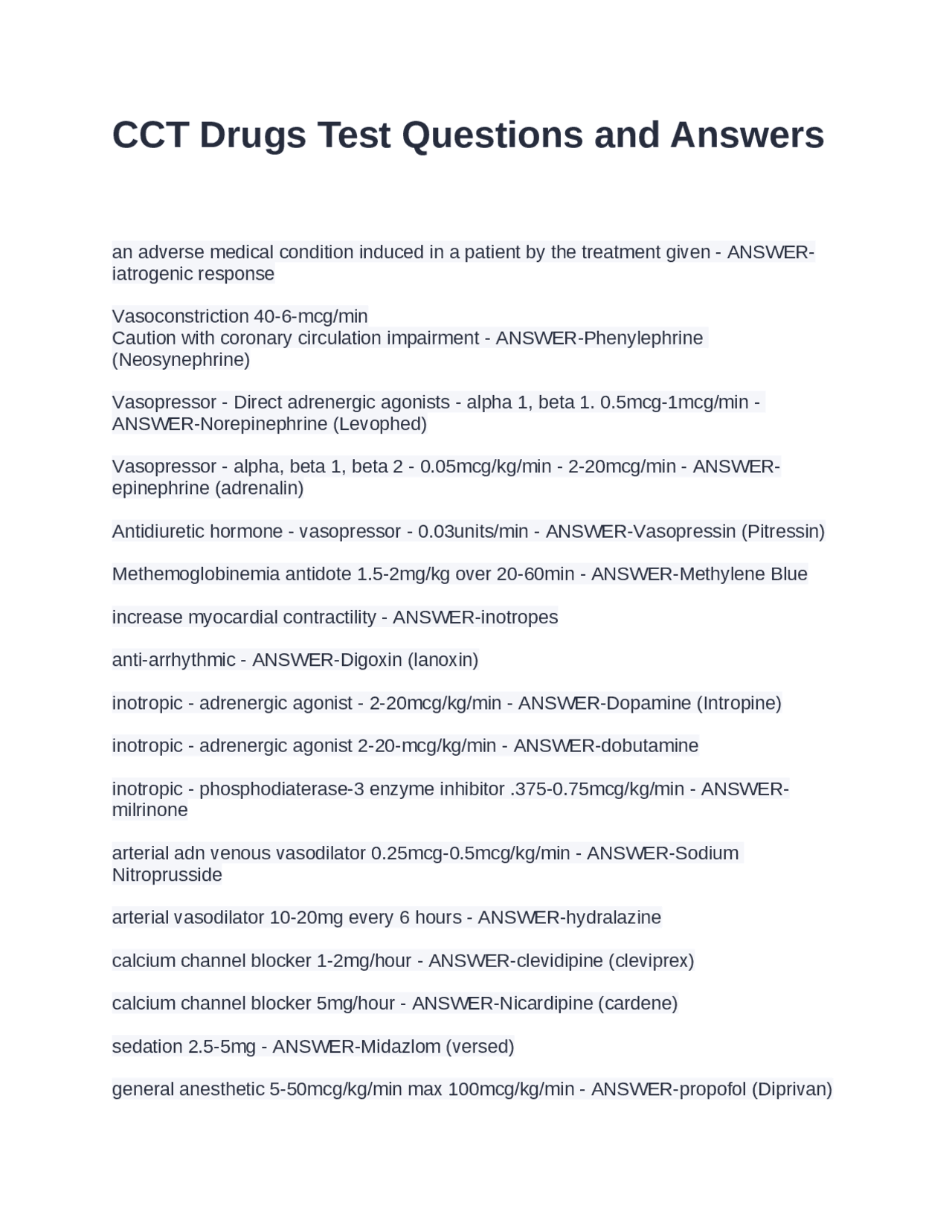 CCT Drugs Test Questions and Answers | Exams Advanced Education | Docsity