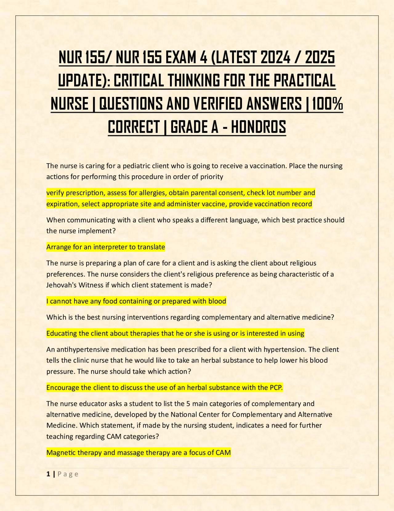 NUR 155/ NUR 155 EXAM 4 (LATEST 2024 / 2025 UPDATE): CRITICAL THINKING ...