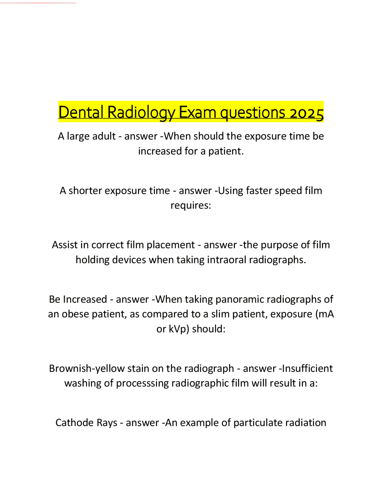Dental Radiology Exam questions 2025.pdf | Exams Nursing | Docsity