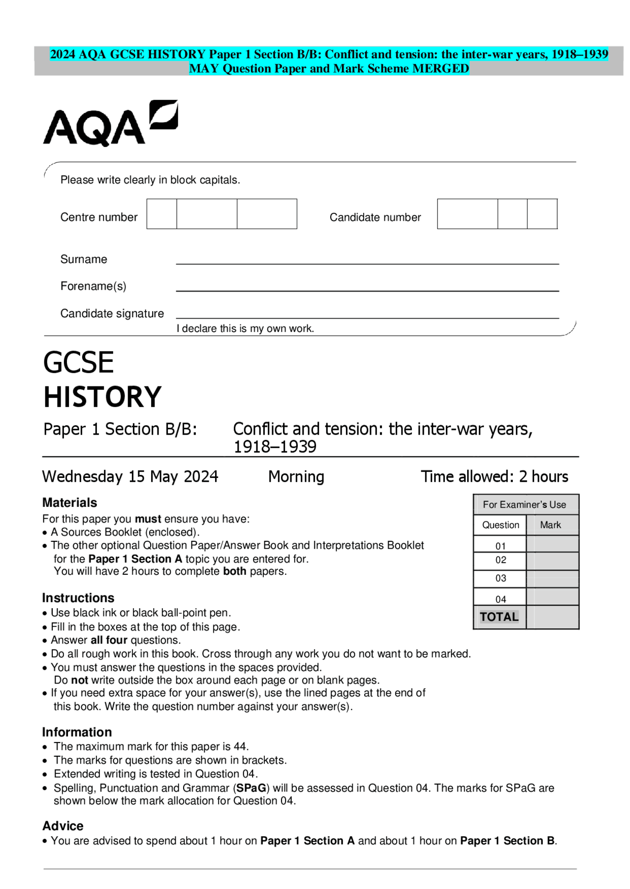 2024 AQA GCSE HISTORY Paper 1 Section B/B: Conflict and tension: the inter-war years, 1918 ...