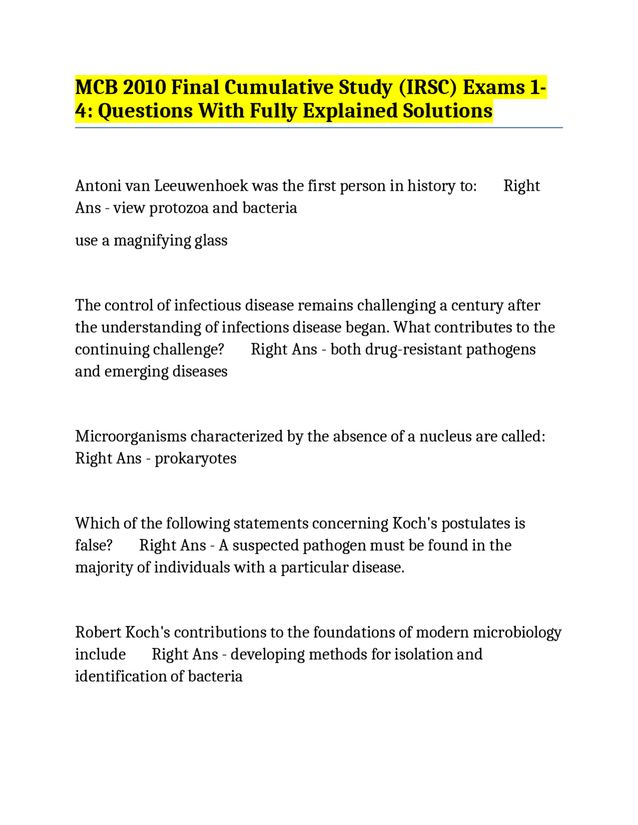 MCB 2010 Final Cumulative Study (IRSC) Exams 1-4: Questions With Fully ...