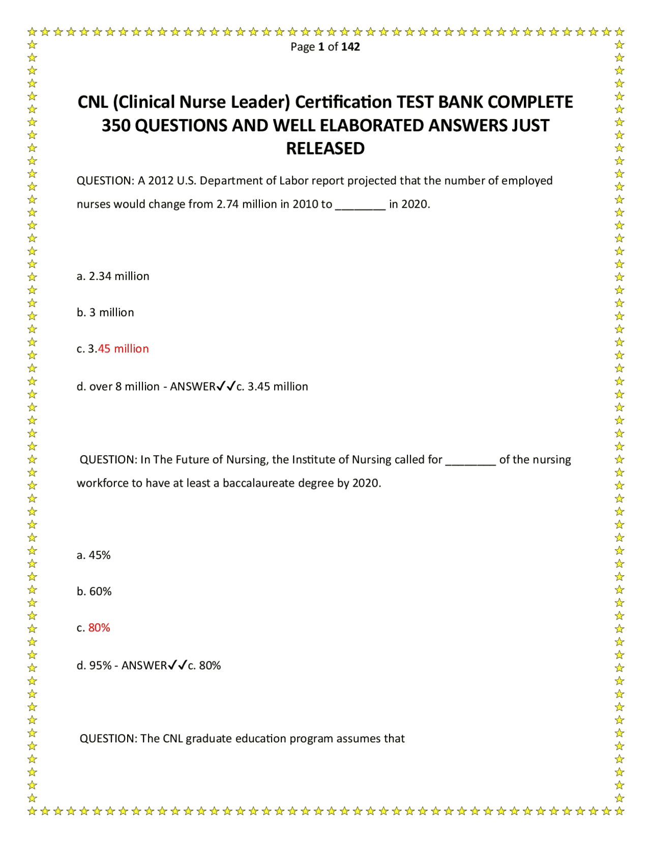 CNL (Clinical Nurse Leader) Certification TEST BANK COMPLETE 350 ...
