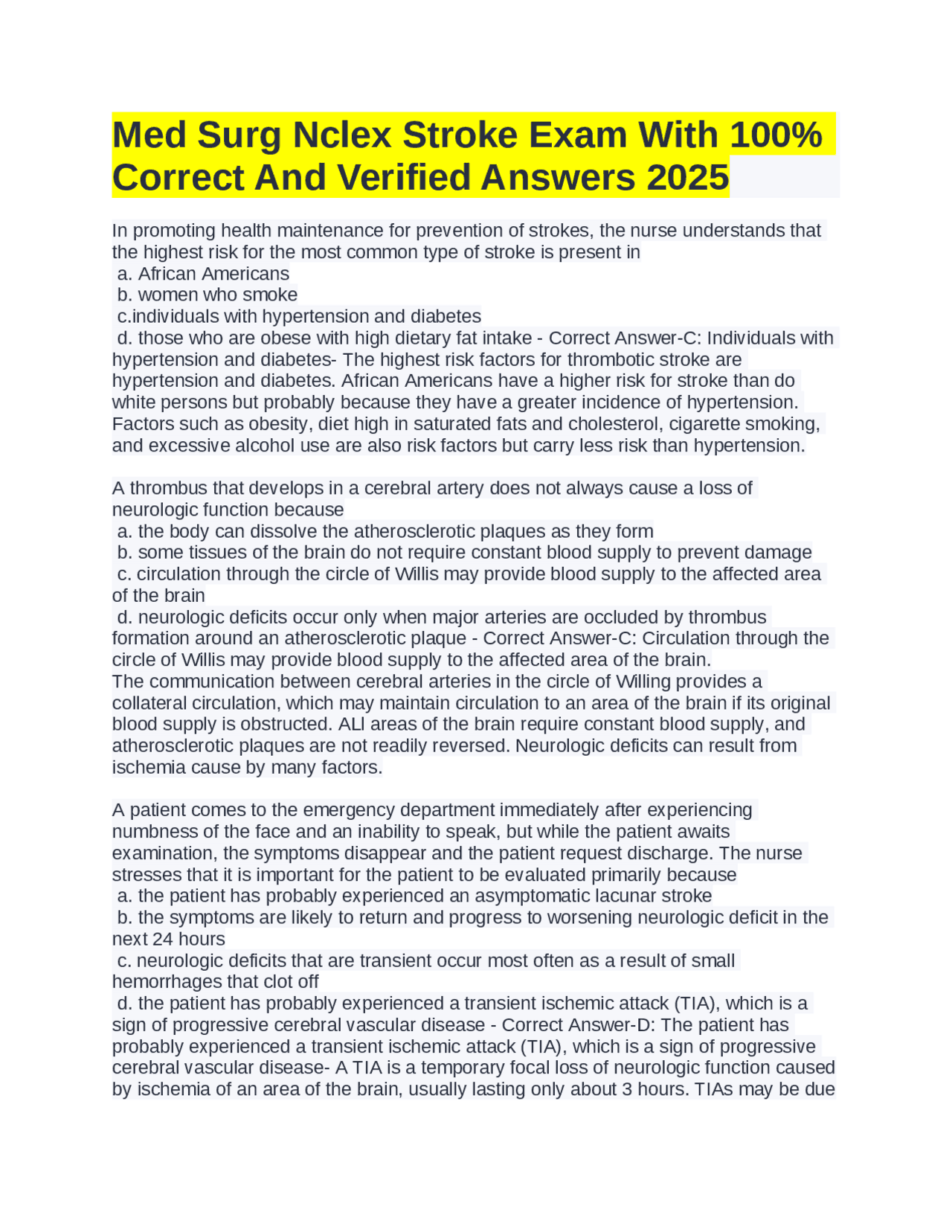 Med Surg Nclex Stroke Exam With 100% Correct And Verified Answers 2025 ...