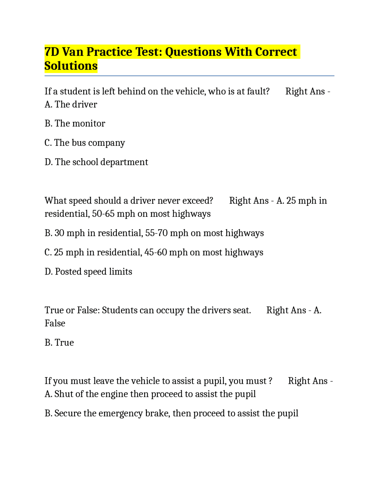 7D Van Practice Test: Questions With Correct Solutions | Exams Nursing ...
