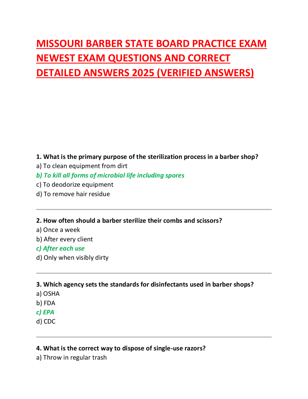 MISSOURI BARBER STATE BOARD PRACTICE EXAM NEWEST EXAM QUESTIONS AND ...