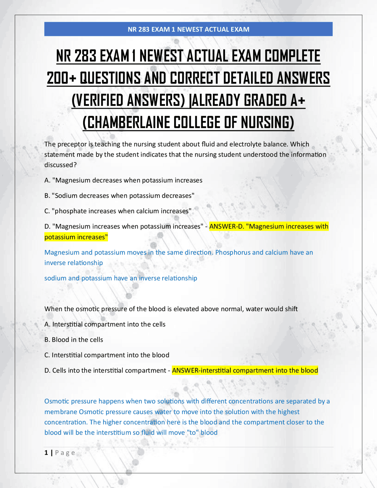 NR 283 EXAM 1 NEWEST ACTUAL EXAM COMPLETE 200+ QUESTIONS AND CORRECT ...