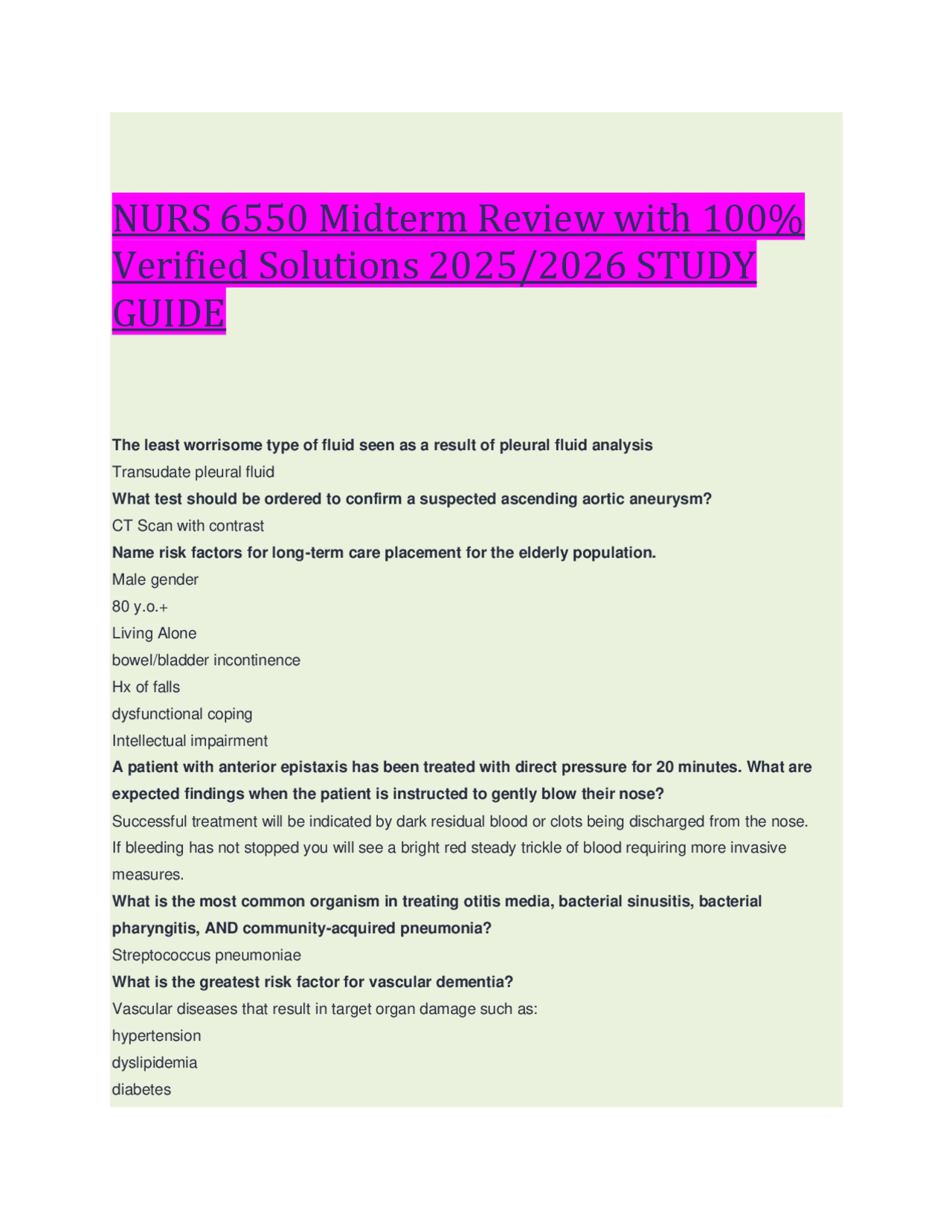 NURS 6550 Midterm Exam Study Guide: Verified Solutions 2025/2026 ...