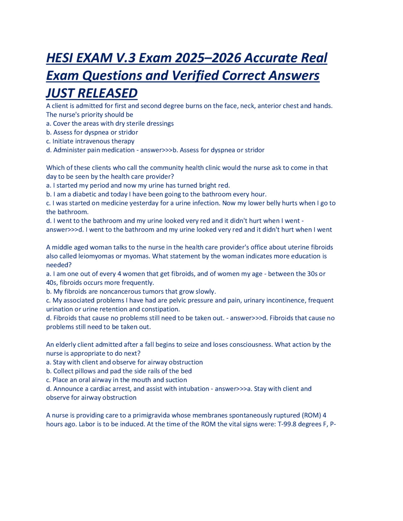 HESI EXAM V.3 Exam 2025–2026 Accurate Real Exam Questions and Verified ...