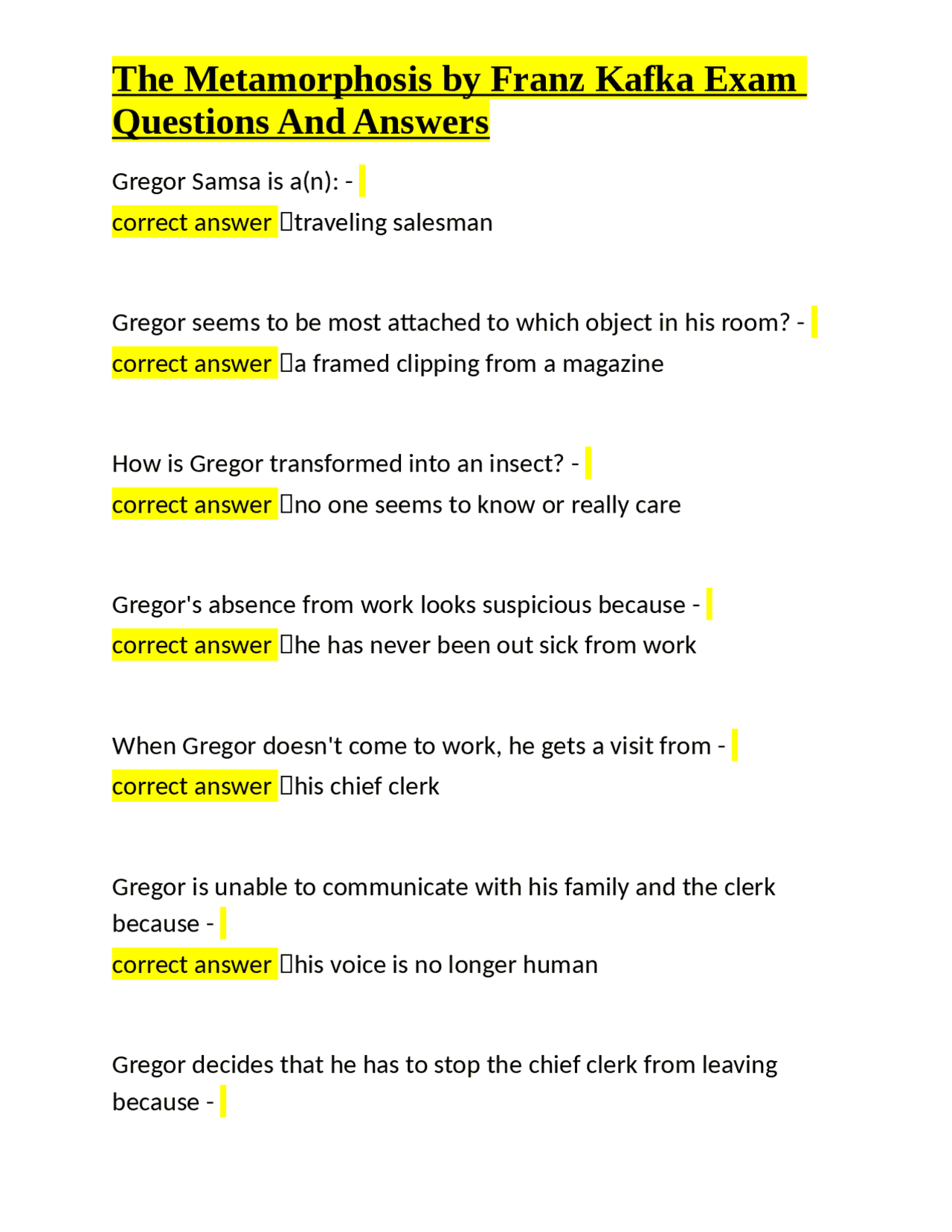 The Metamorphosis by Franz Kafka Exam Questions And Answers | Exams ...