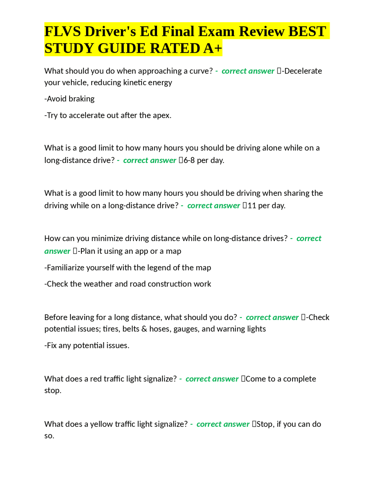FLVS Driver's Ed Final Exam Ultimate Study Guide | Exams Nursing | Docsity