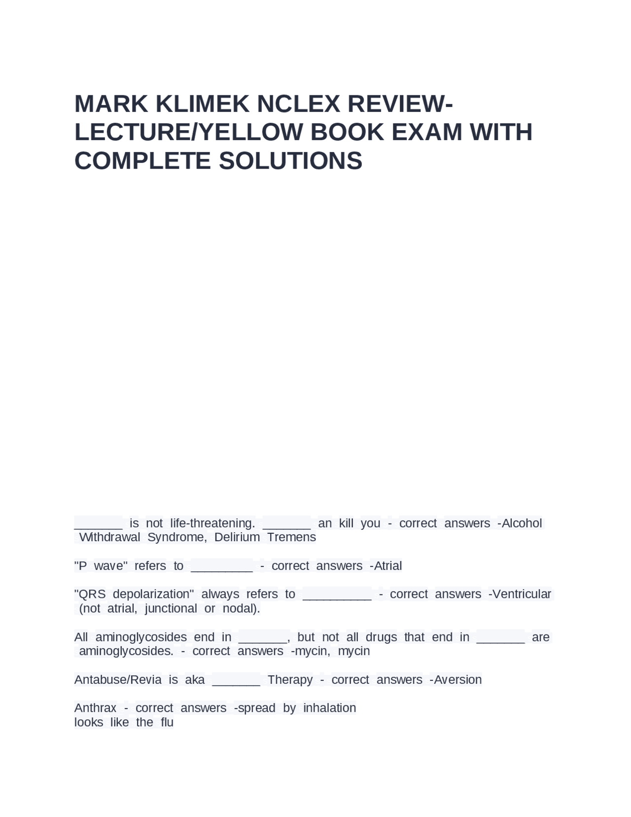 Mark Klimek NCLEX Review- Lecture,Yellow Book exam with complete ...