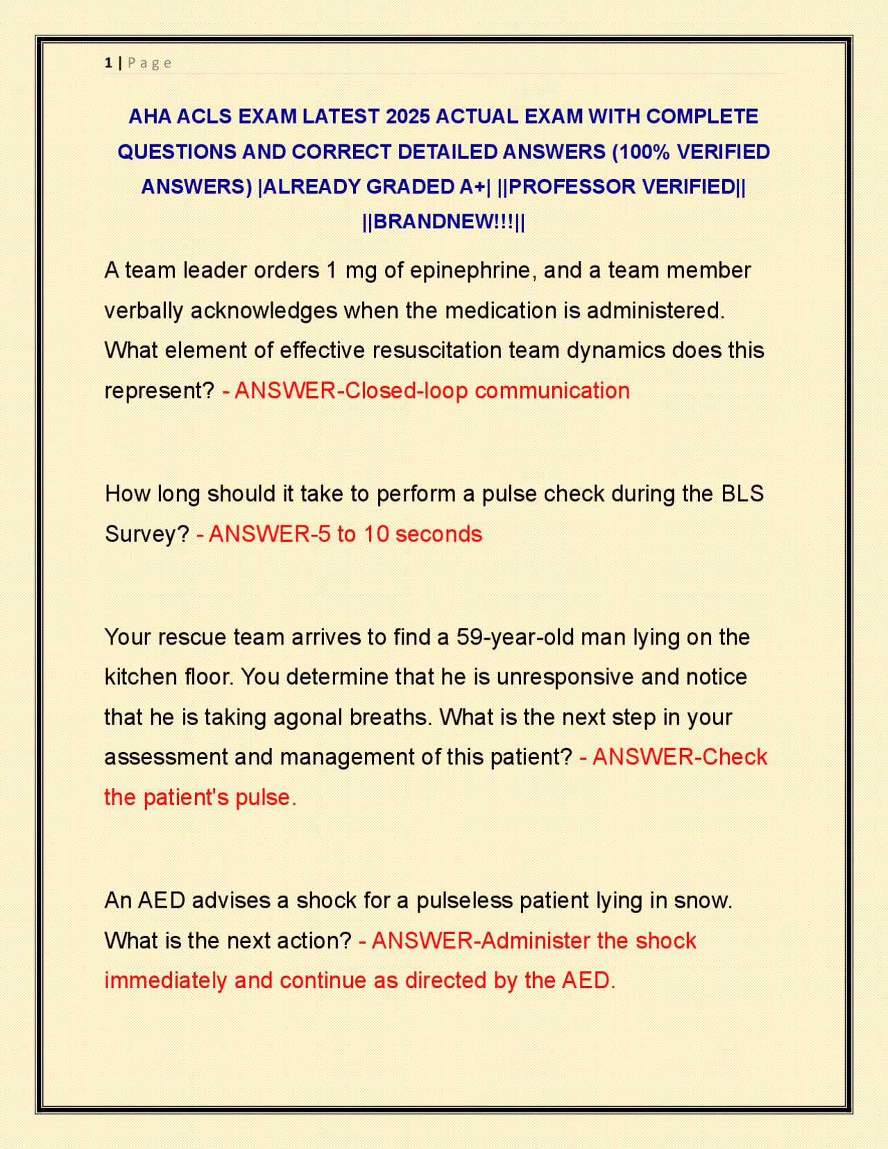 AHA ACLS EXAM LATEST 2025 ACTUAL EXAM WITH COMPLETE QUESTIONS AND ...